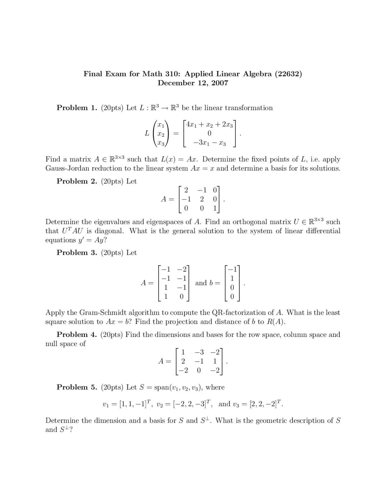 Final Exam For Applied Linear Algebra Math 310 Docsity
