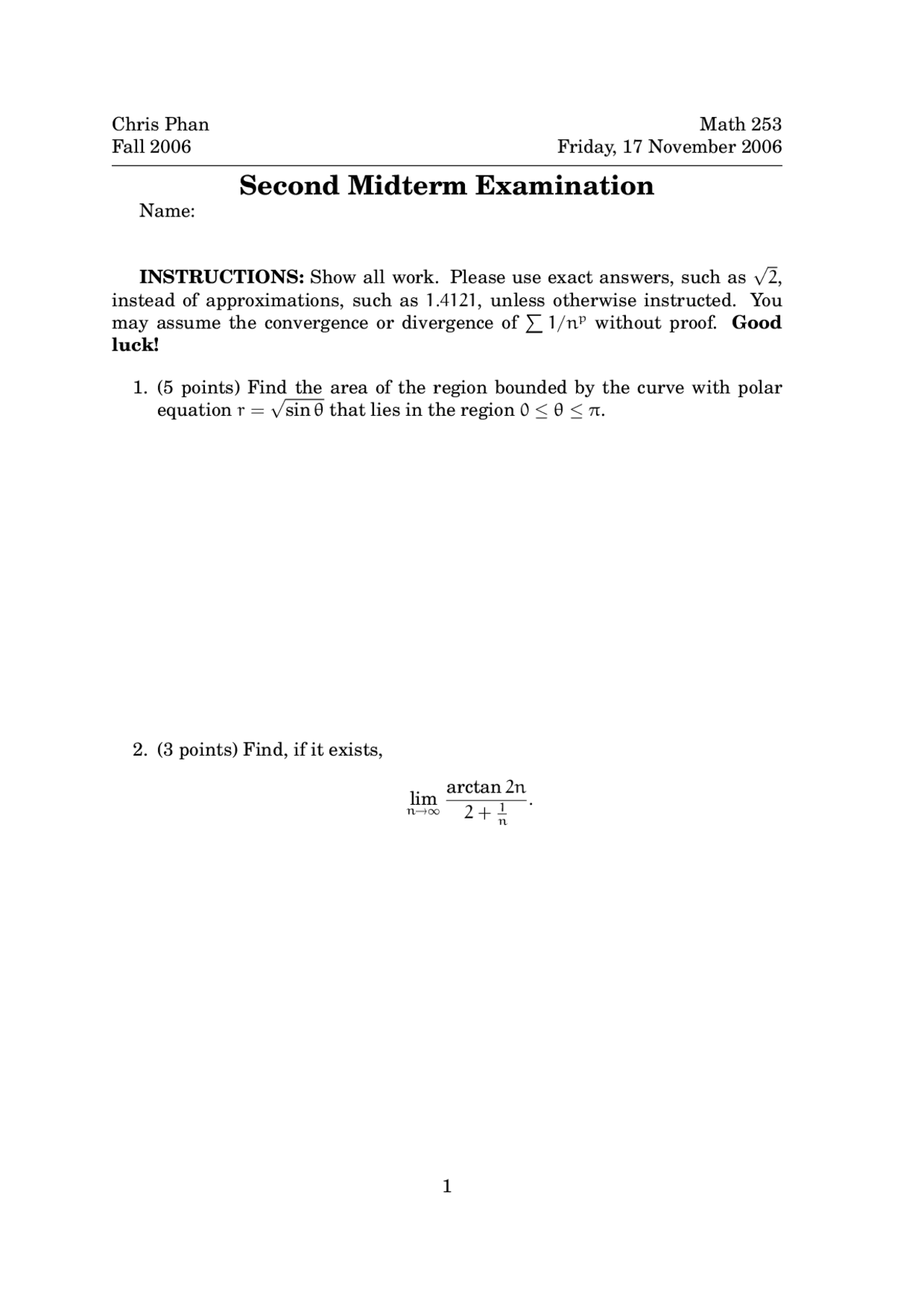 7 Questions On Calculus Iii Midterm Exam 2 Math 253 Docsity