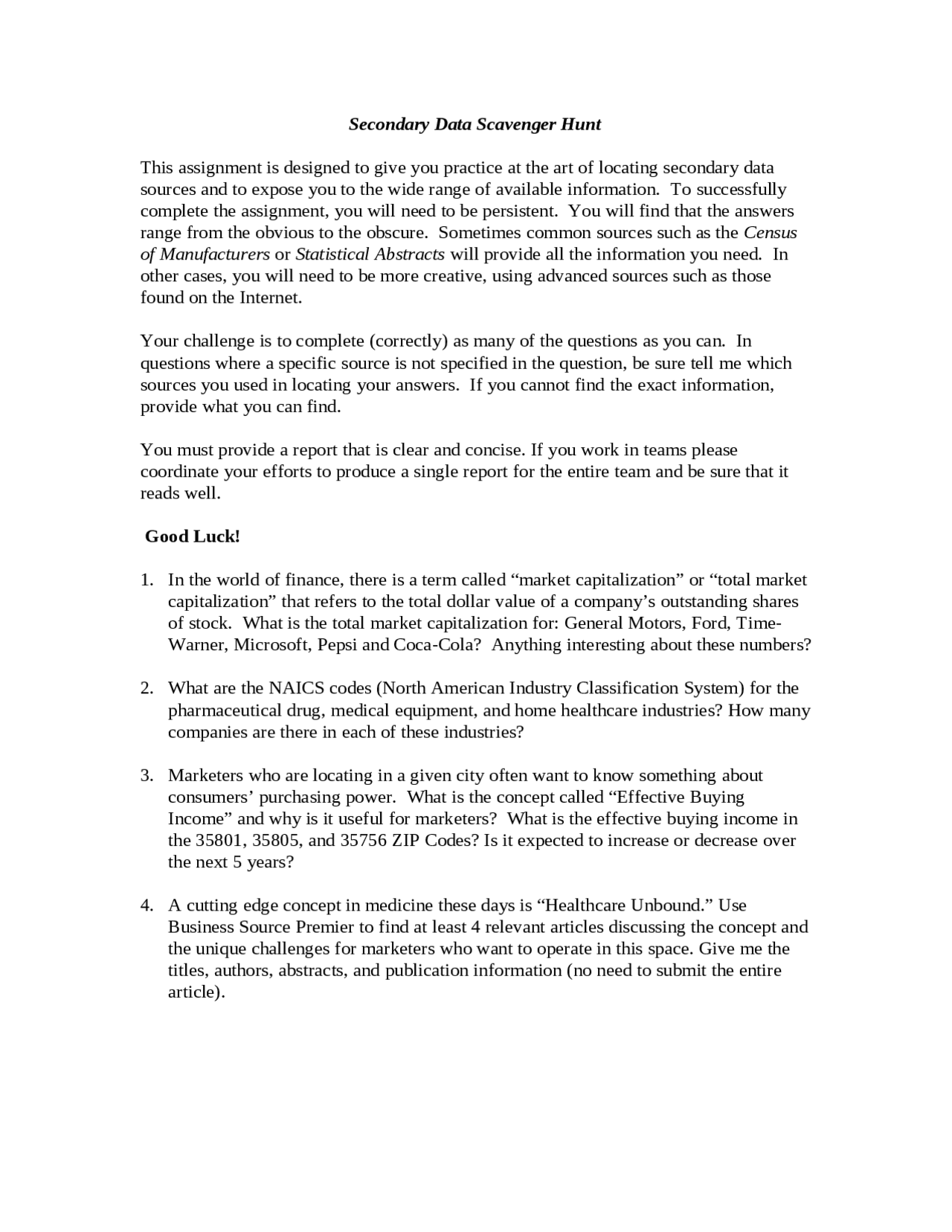 Secondary Data Scavenger Hunt Sample Assignment Mkt 343 Docsity