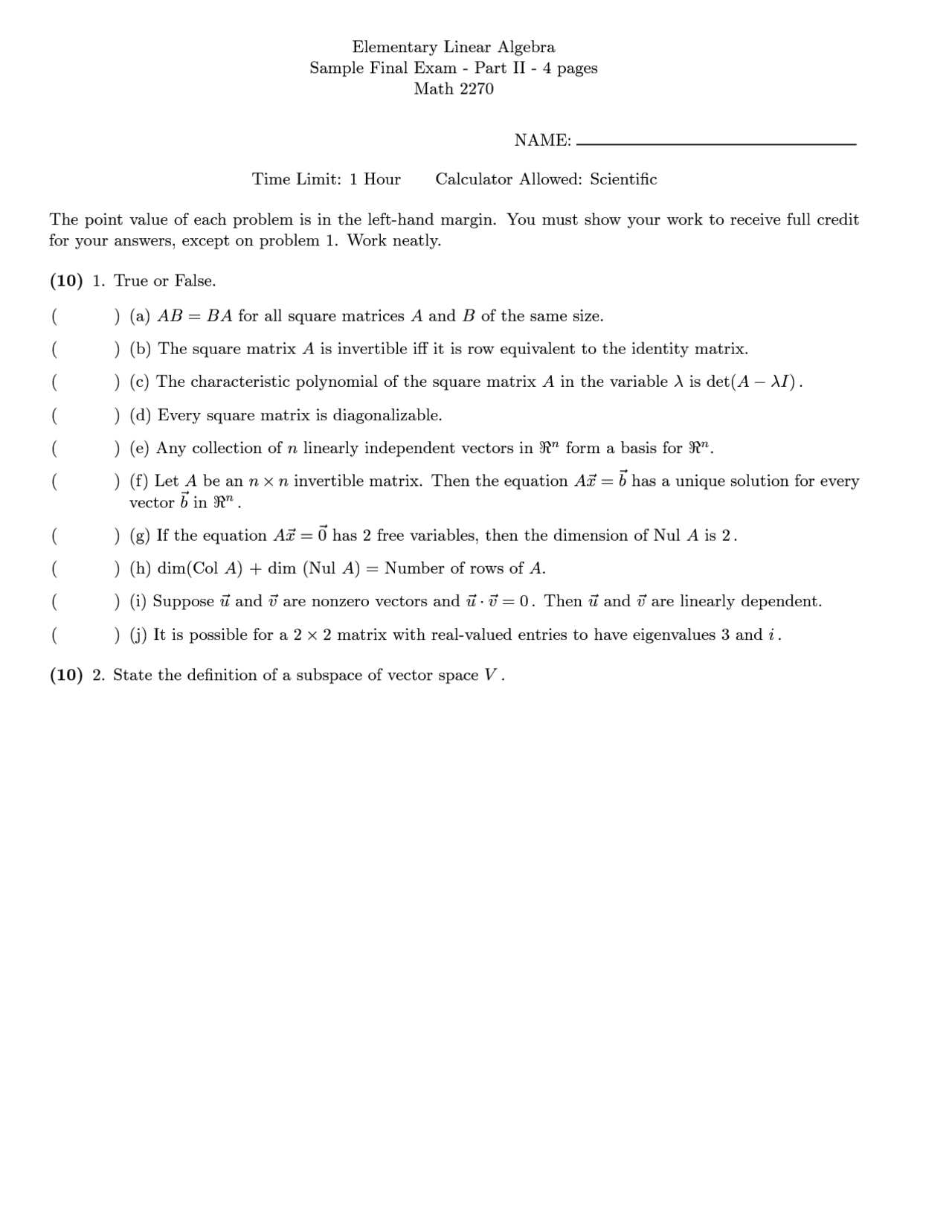 Sample Final Exam for Elementary Linear Algebra | MATH 2270 - Docsity