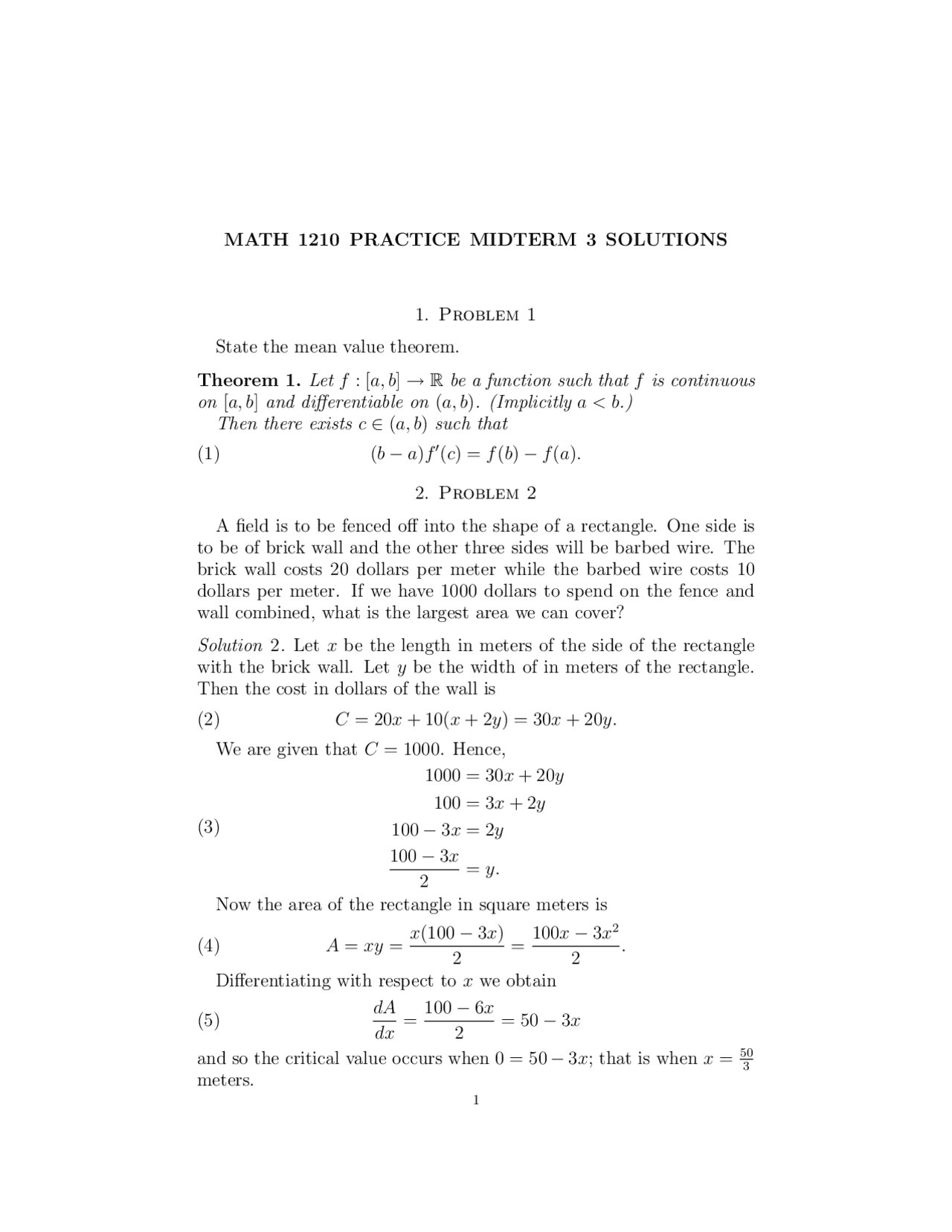 Practice Midterm 3 Solutions Si Calculus I Math 1210 Docsity