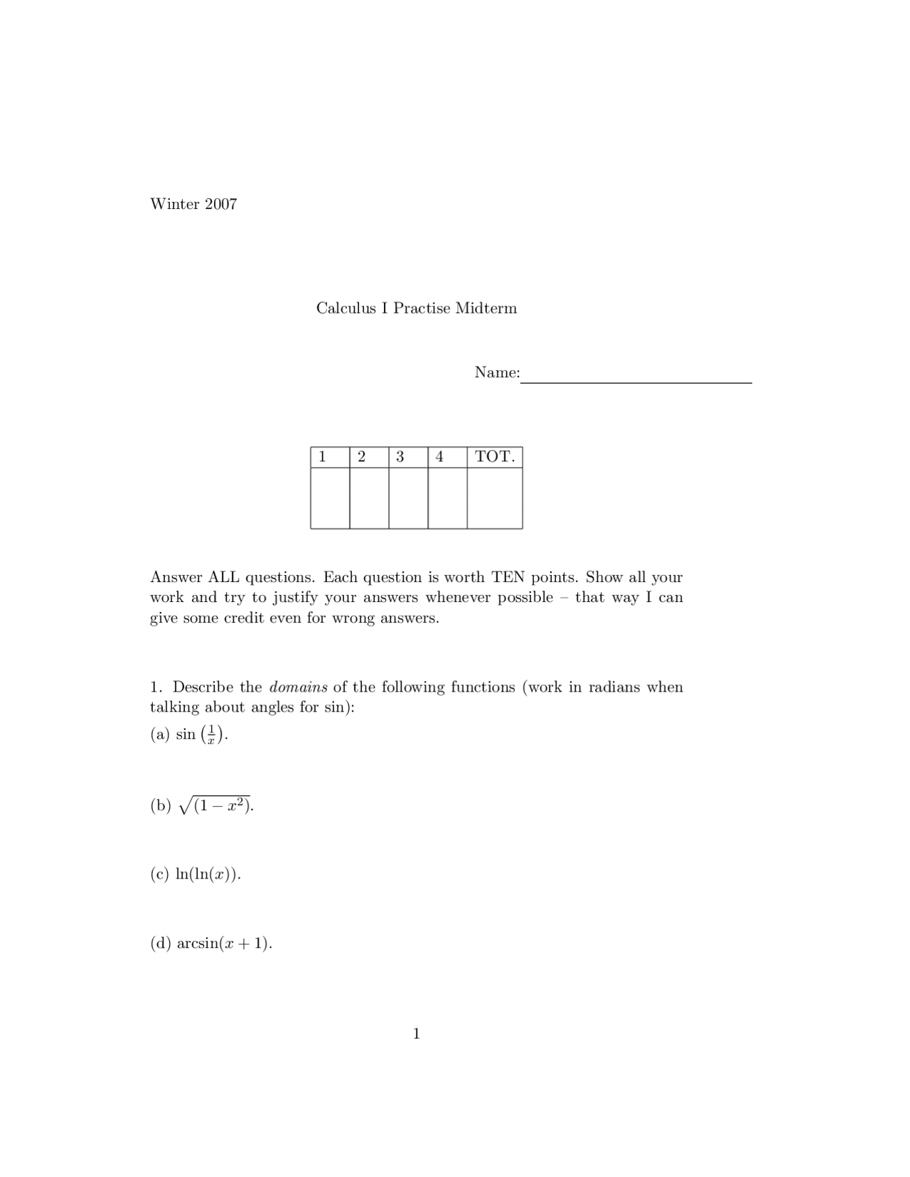 Practice Problems For Calculus I Past Midterm Exam Math 251 Docsity