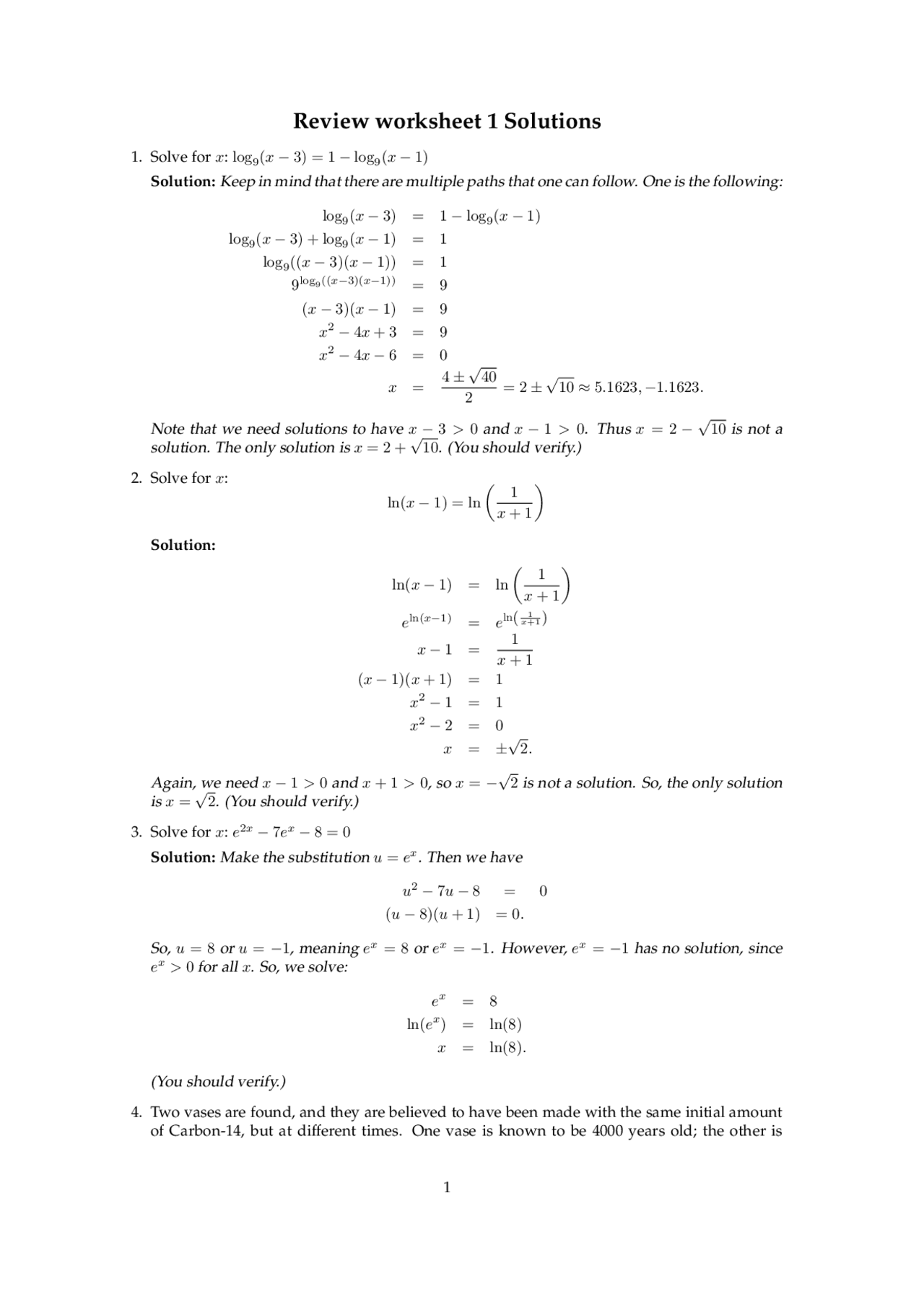 Review Worksheet 1 with Solutions - College Algebra | MATH 111 - Docsity