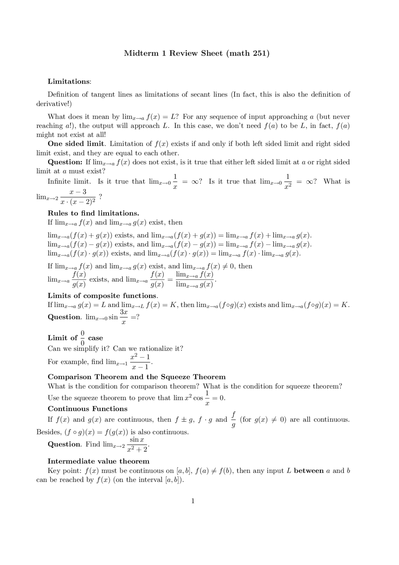 Midterm 1 Review Sheet For Calculus I Math 251 Docsity