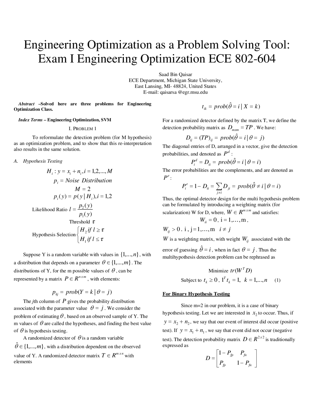 Engineering Optimization as a Problem Solving Tool | ECE 802 - Docsity