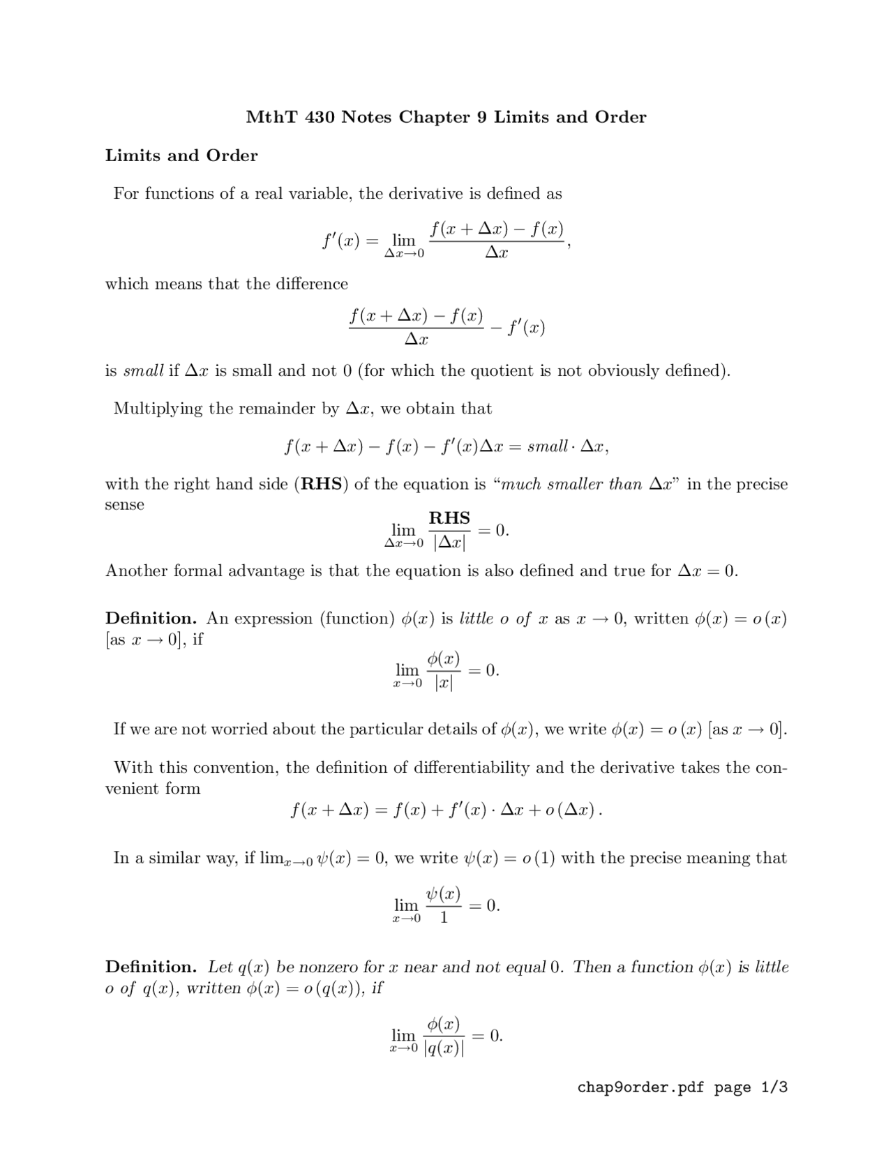 Limits and Order - Proof of Chain Rule, Class Notes | MTHT 430 - Docsity