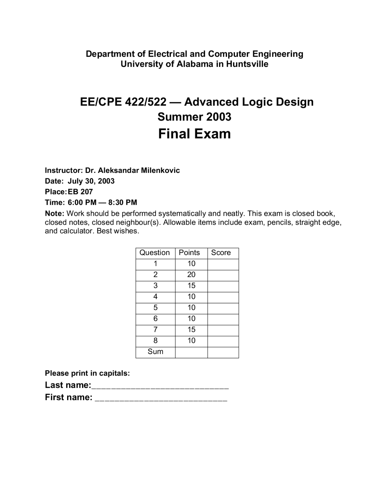 Unsolved Final Exam Advanced Logic Design Cpe 422 Docsity