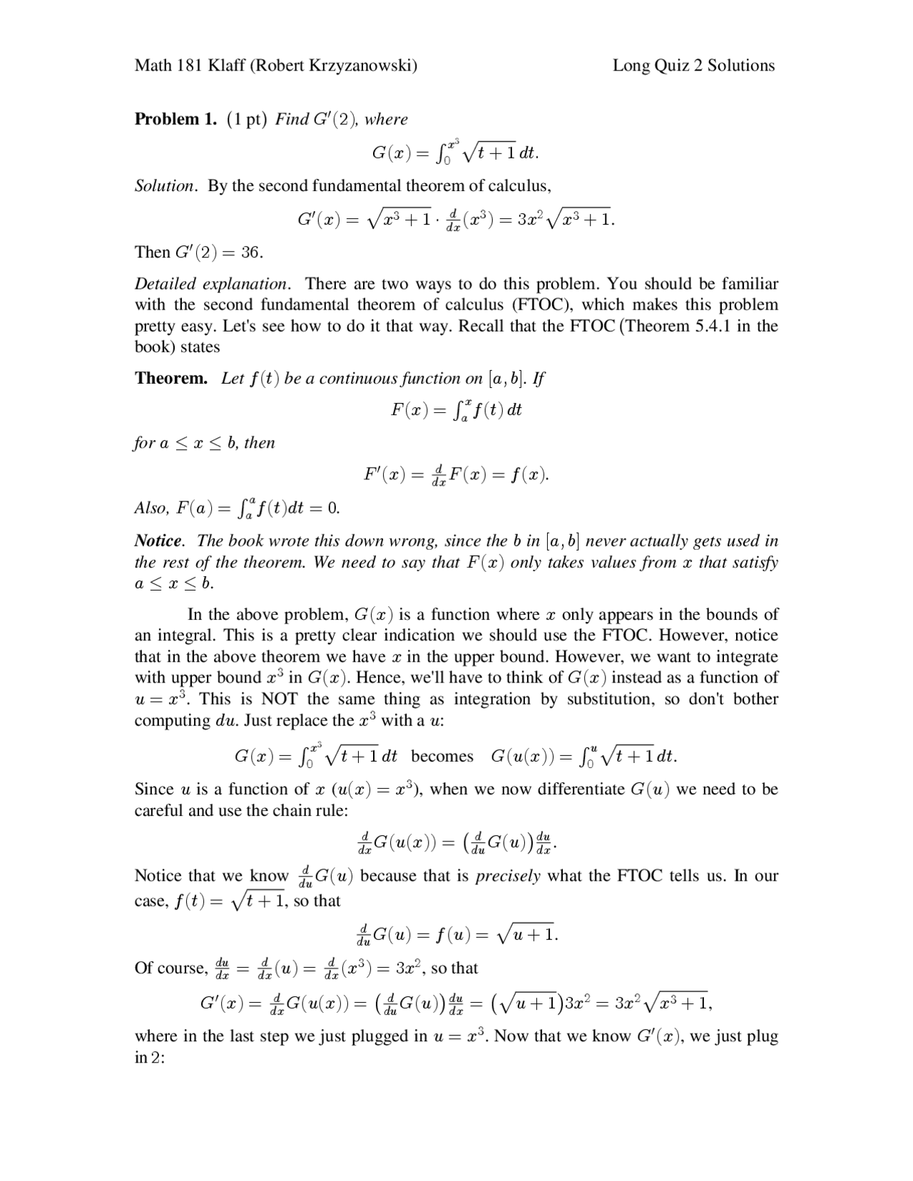 Second Fundamental Theorem of Calculus - Calculus II | MATH 181 - Docsity