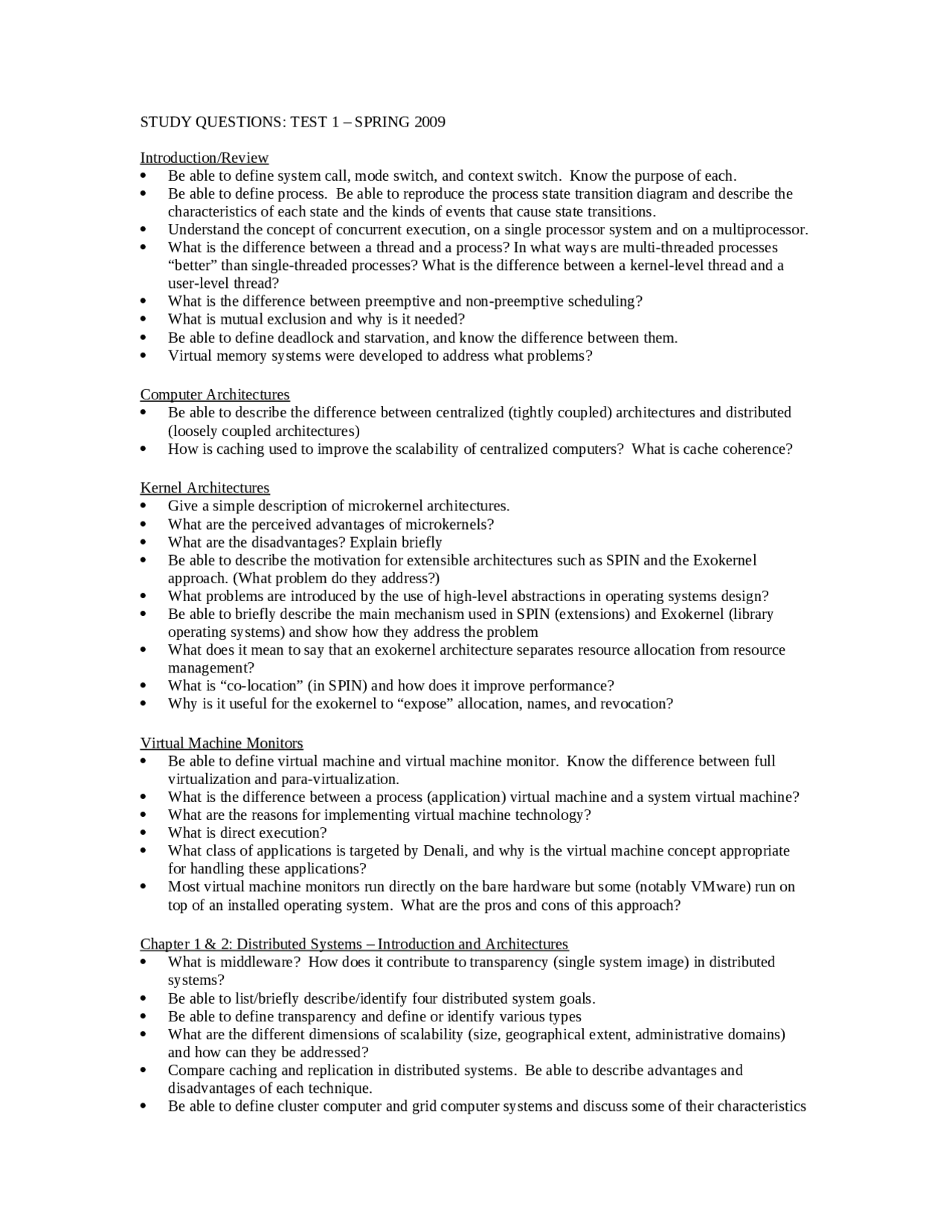 Study Questions on Advanced Operating Systems - Old Test 1 | CS 690 ...