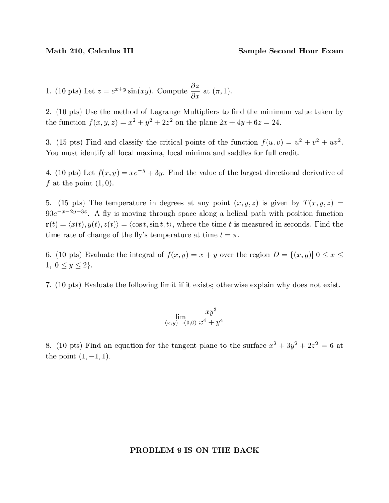 9 Questions On Lagrange Multipliers Method Exam 1 Math 210 Docsity
