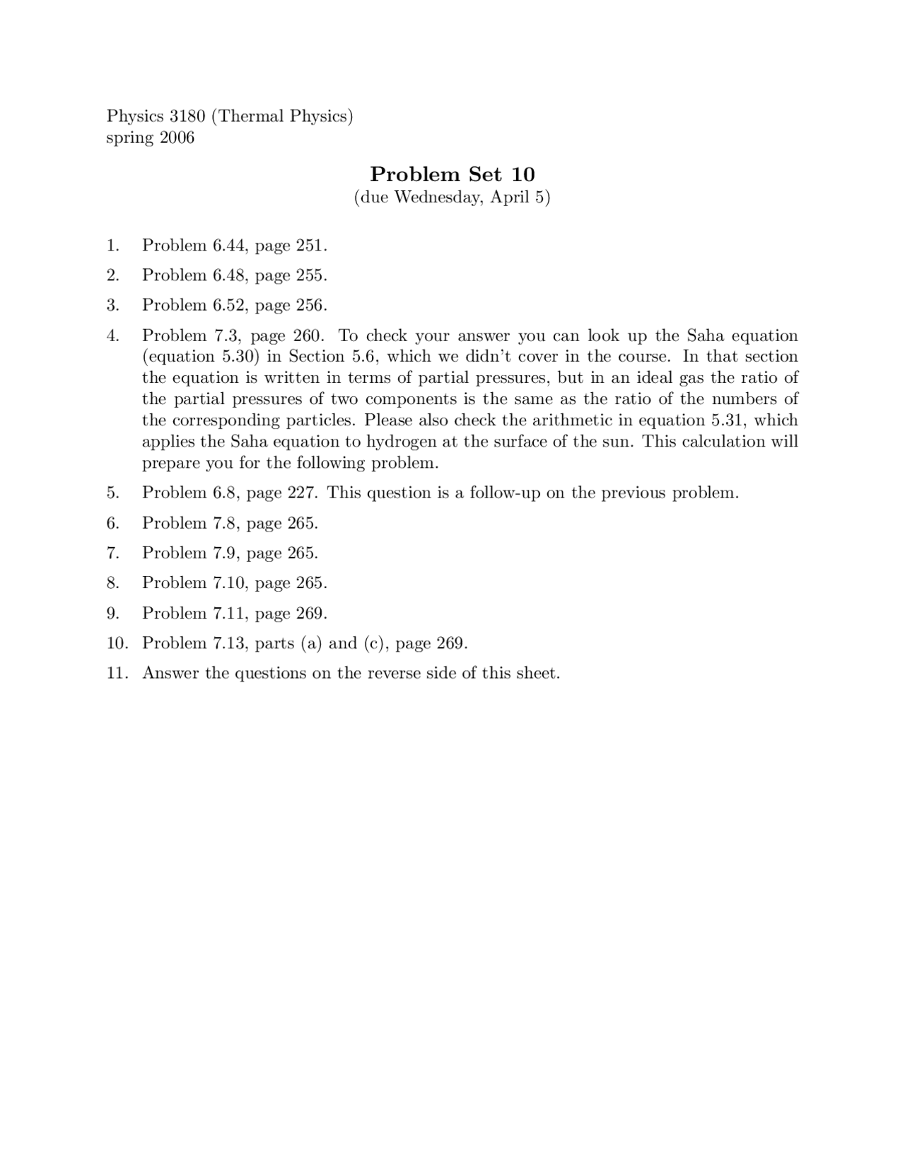 10 Problems In Thermal Physics Assignment 10 Phys 3180 Docsity