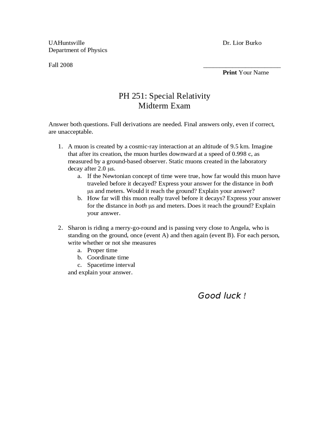 Special Relativity Exam Physics Ph 251 Docsity