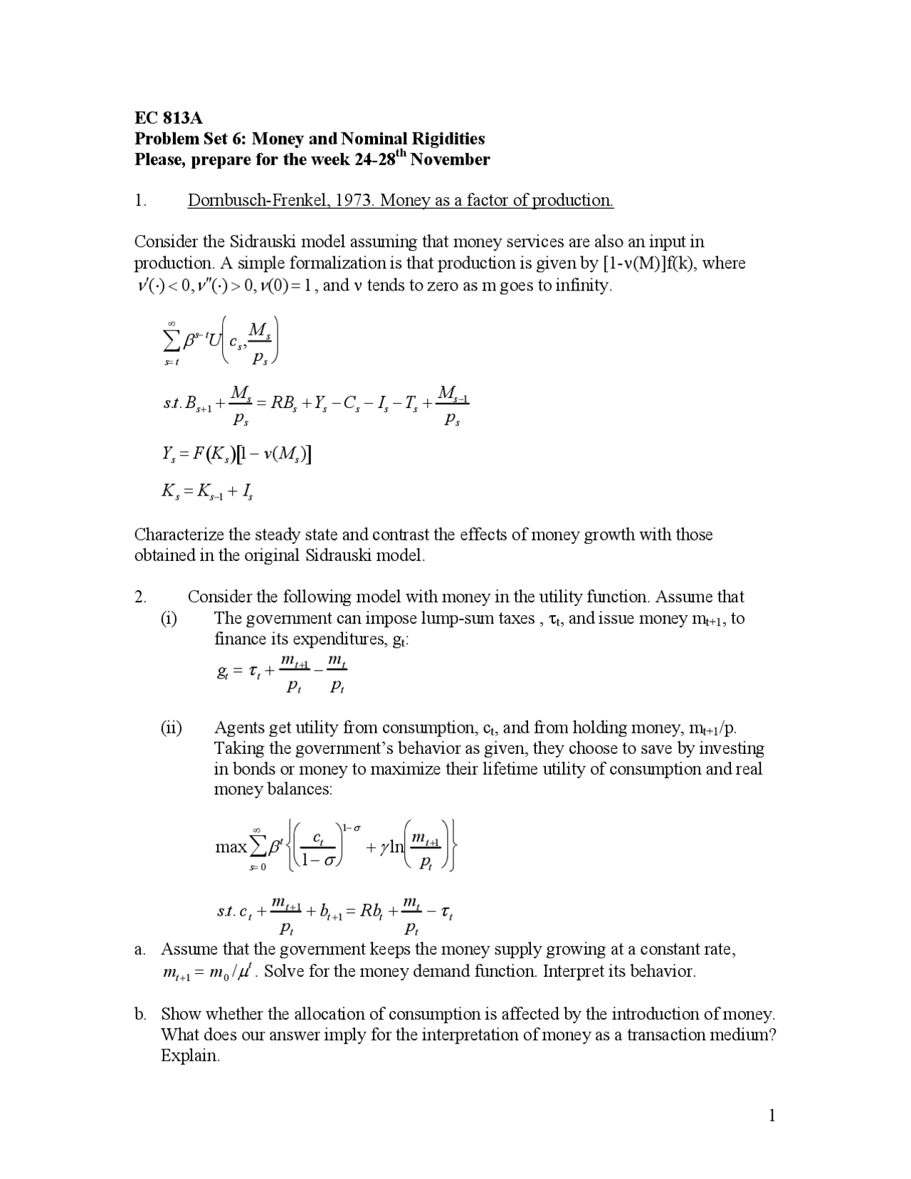 Macroeconomics I Problem Set 6 Money And Nominal Rigidities Ec