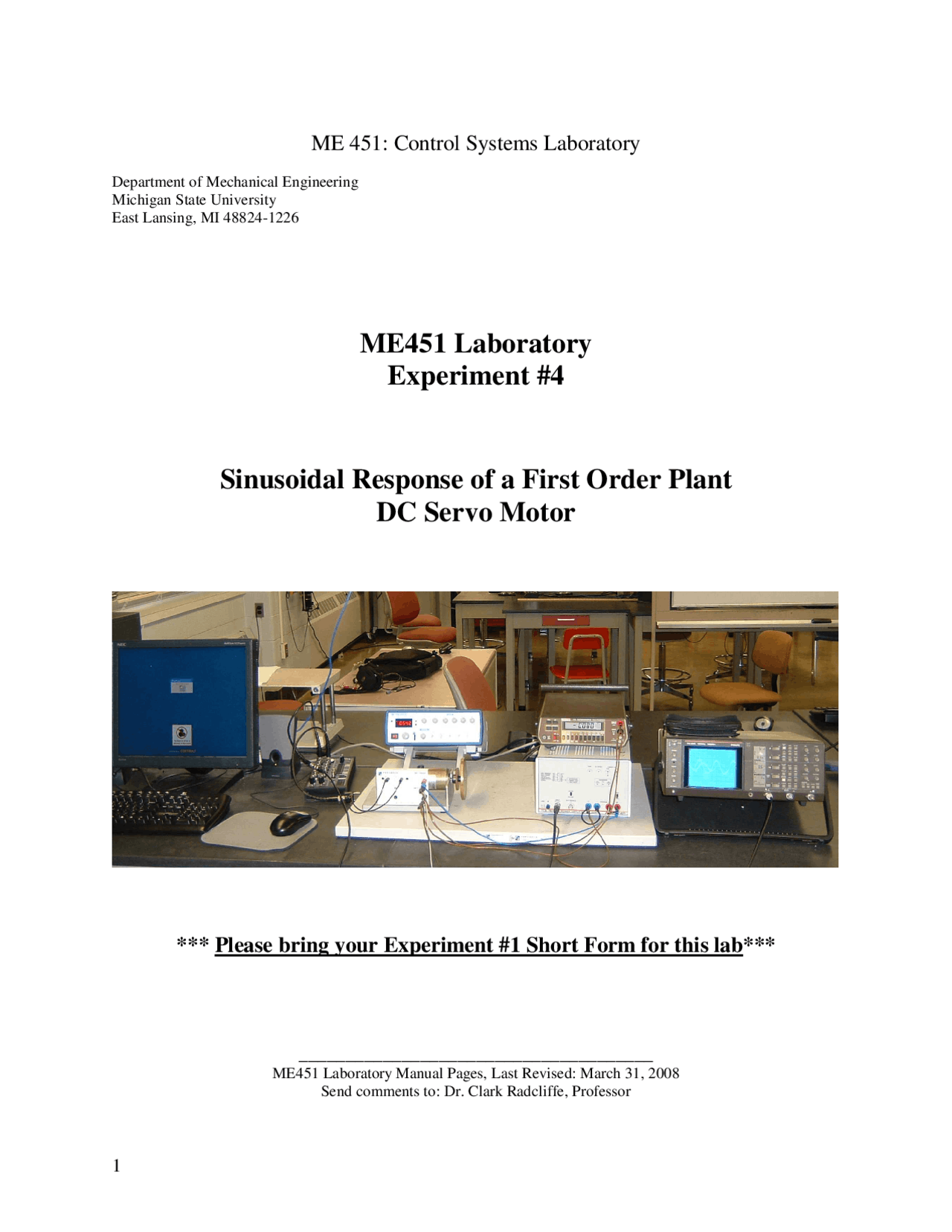Lab Experiment 4 for Sinusoidal Response of a First Order Plant DC ...