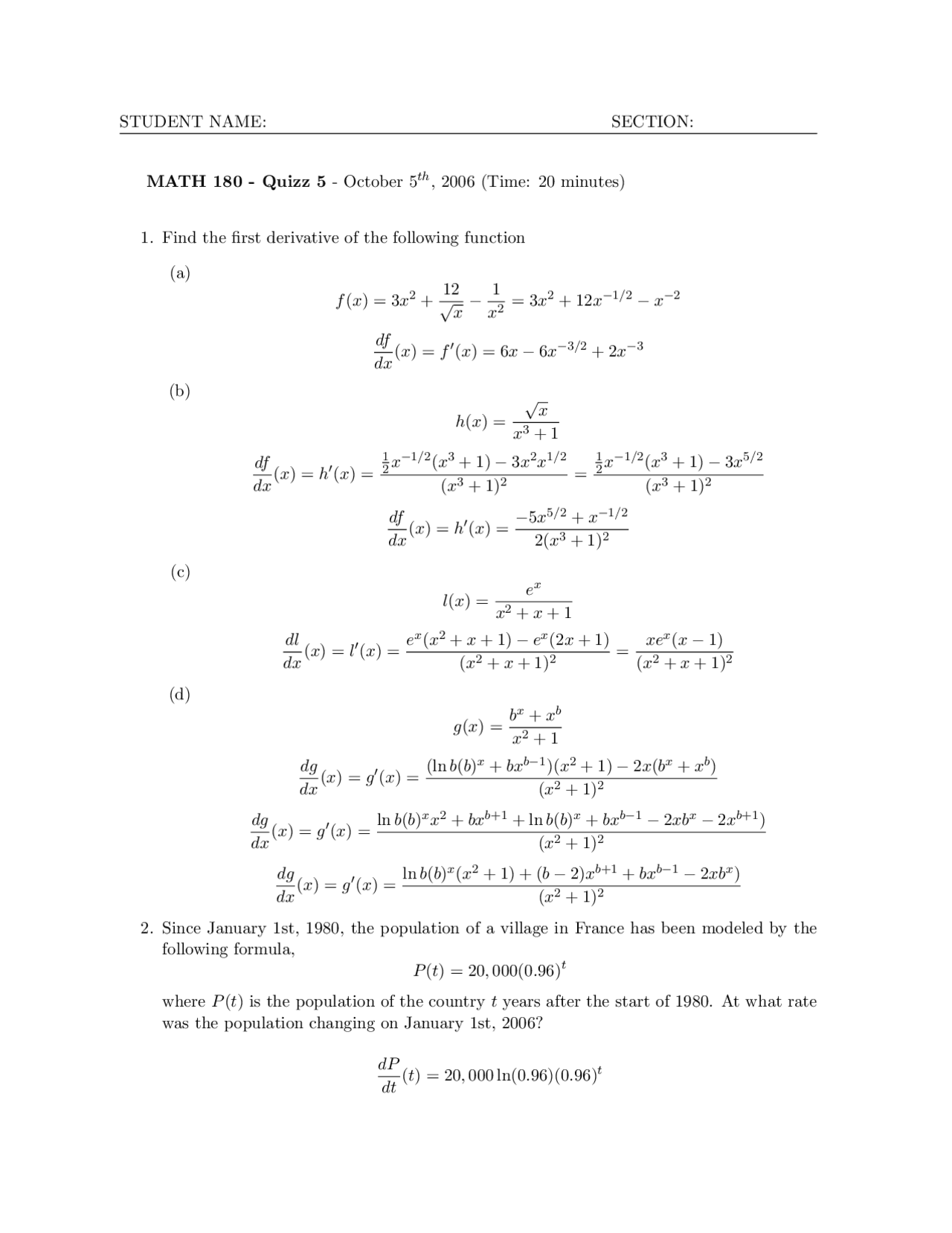Find The Derivation Calculus I Quiz 5 Math 180 Docsity
