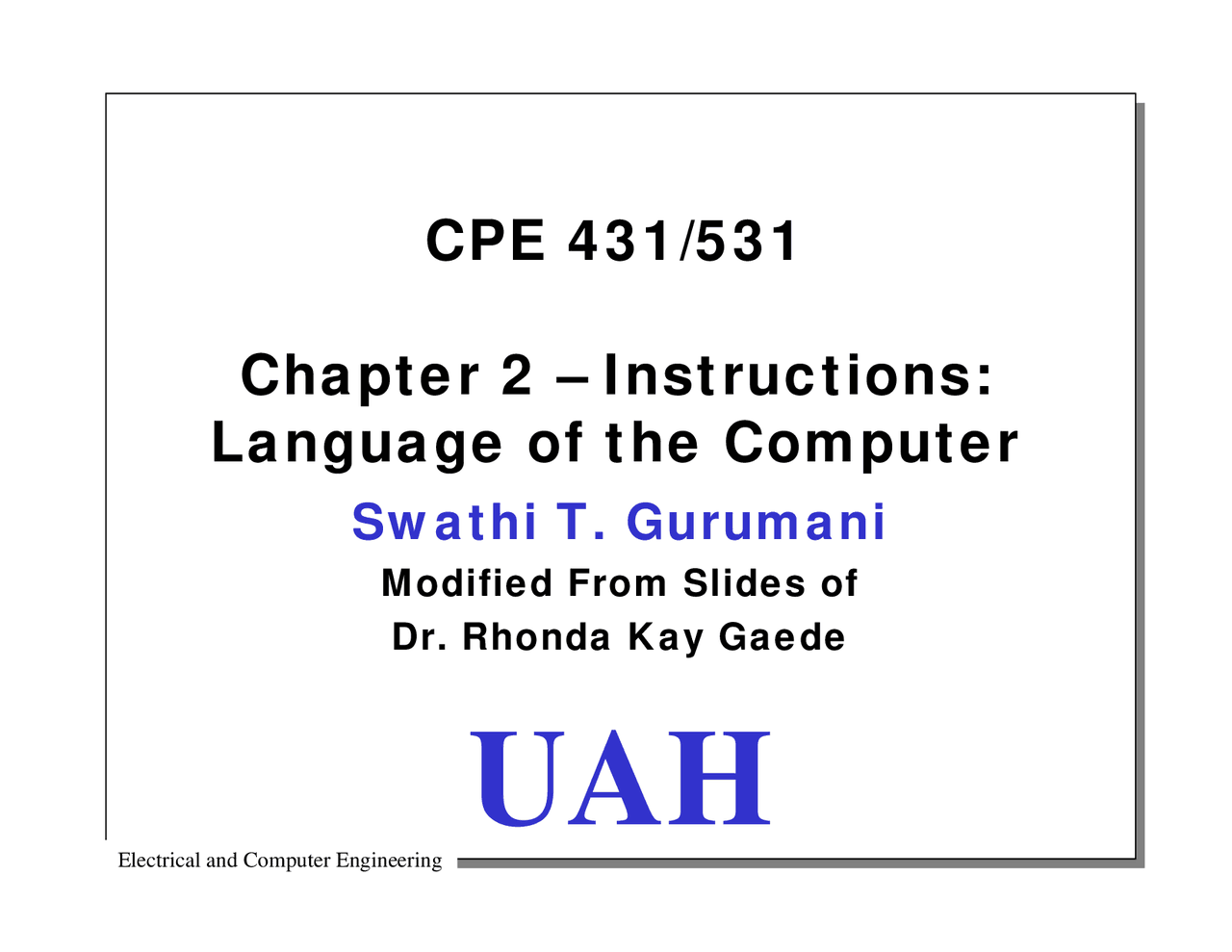 CPE 431/531: Chapter 2 - Instructions in Computer Languages - Prof ...