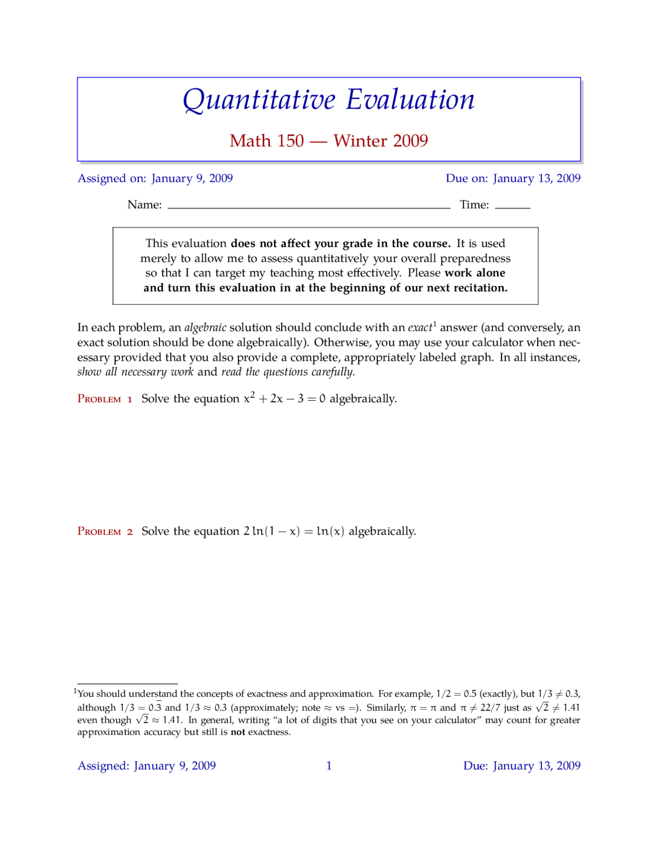 Quantitative Evaluation Assignment With 11 Problems Math 150 Docsity