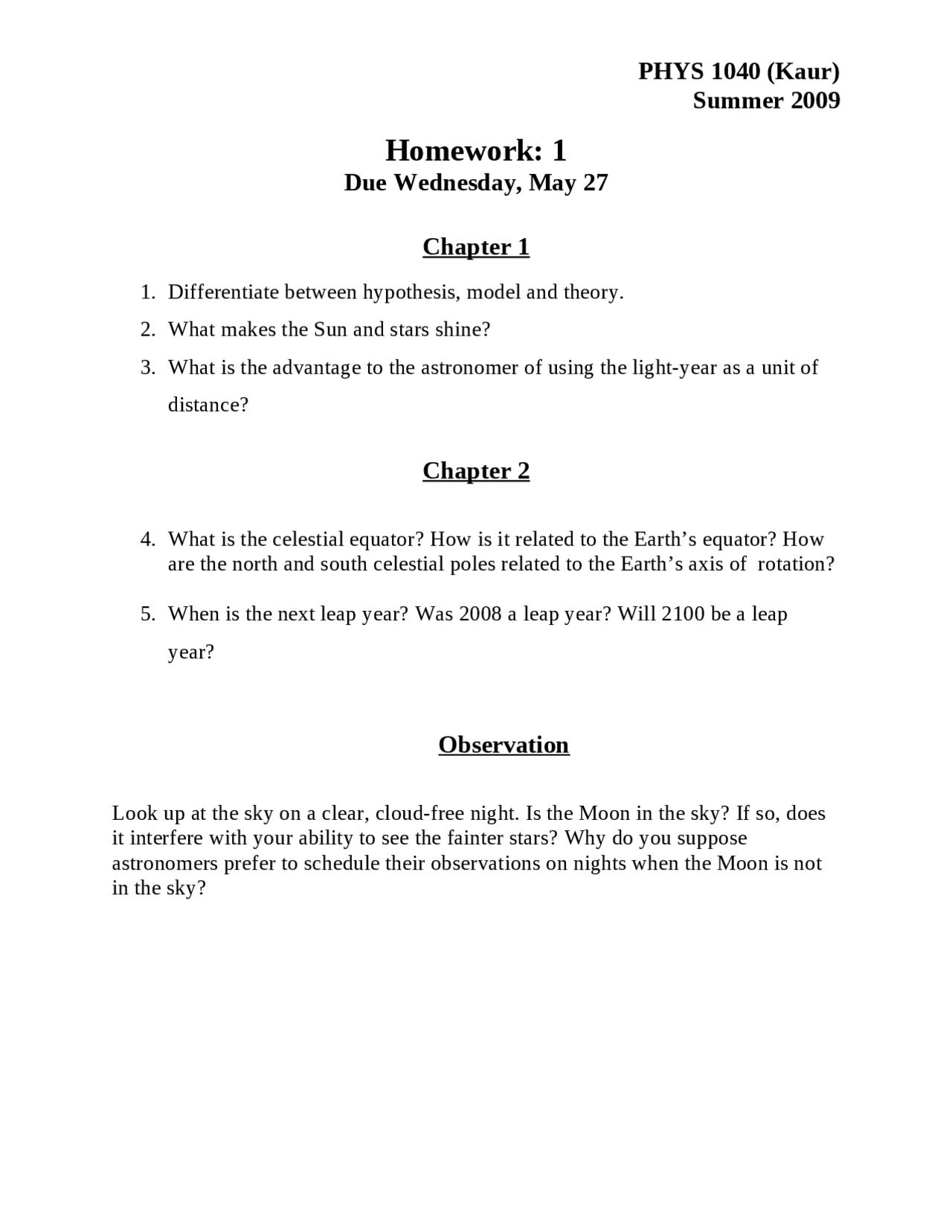 5 Questions On Elementary Astronomy Assignment 1 Phys 1040 Docsity