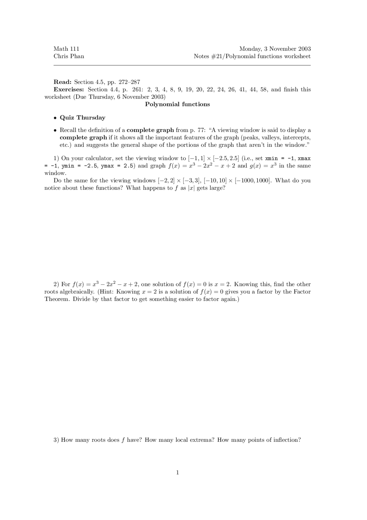Polynomial Functions Lecture Notes Math 111 Docsity