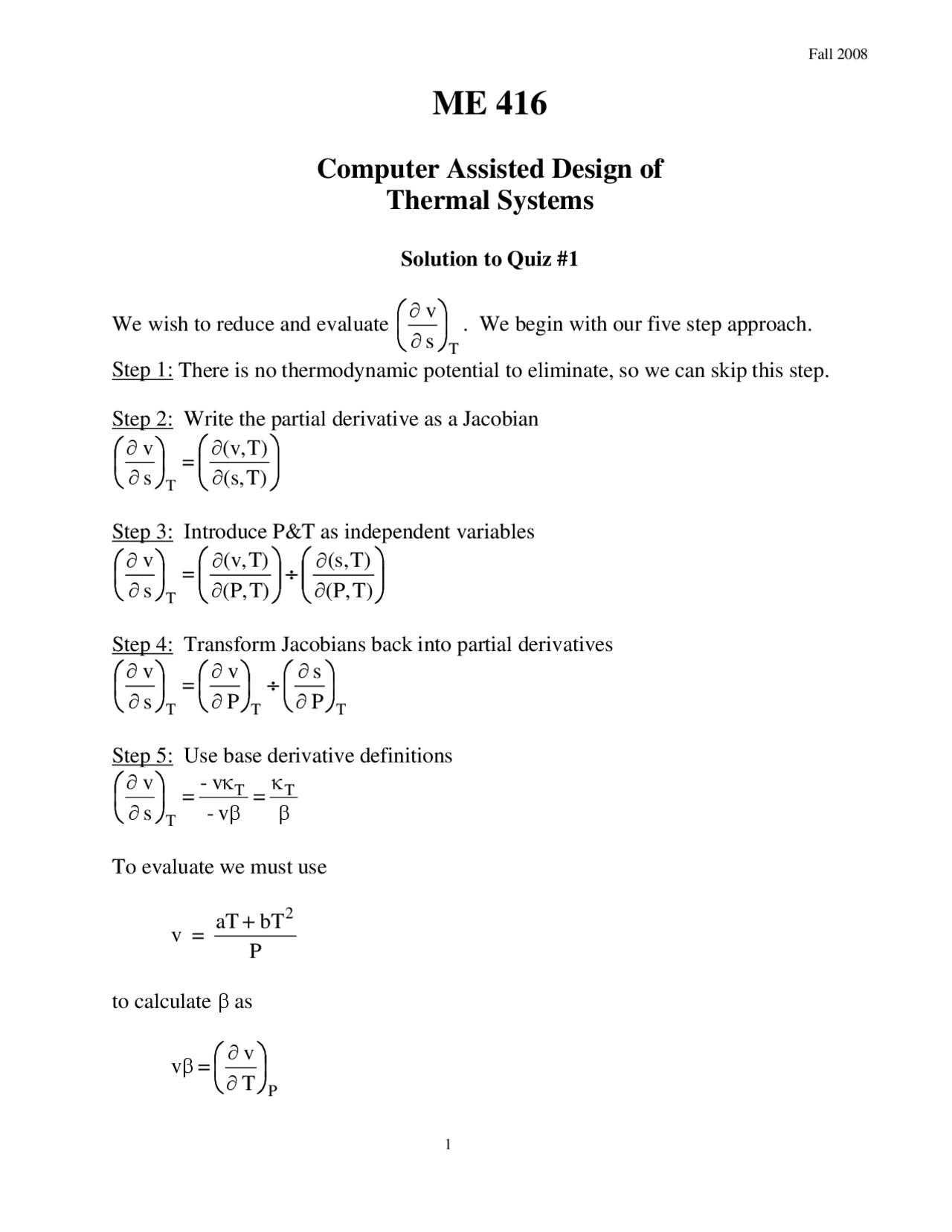 Computer Assisted Design Of Thermal Systems Quiz 1 Solutions Me 416
