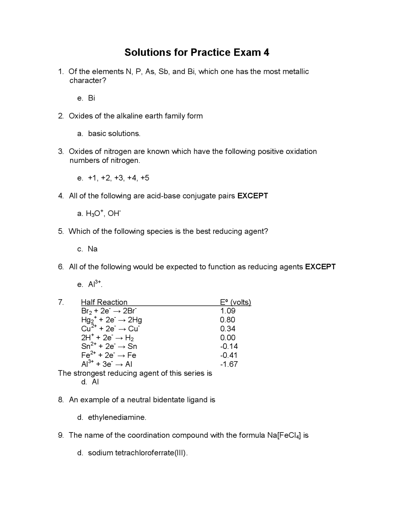 Solutions For Practice Exam 4 General Chemistry Ii Ch 123 Docsity