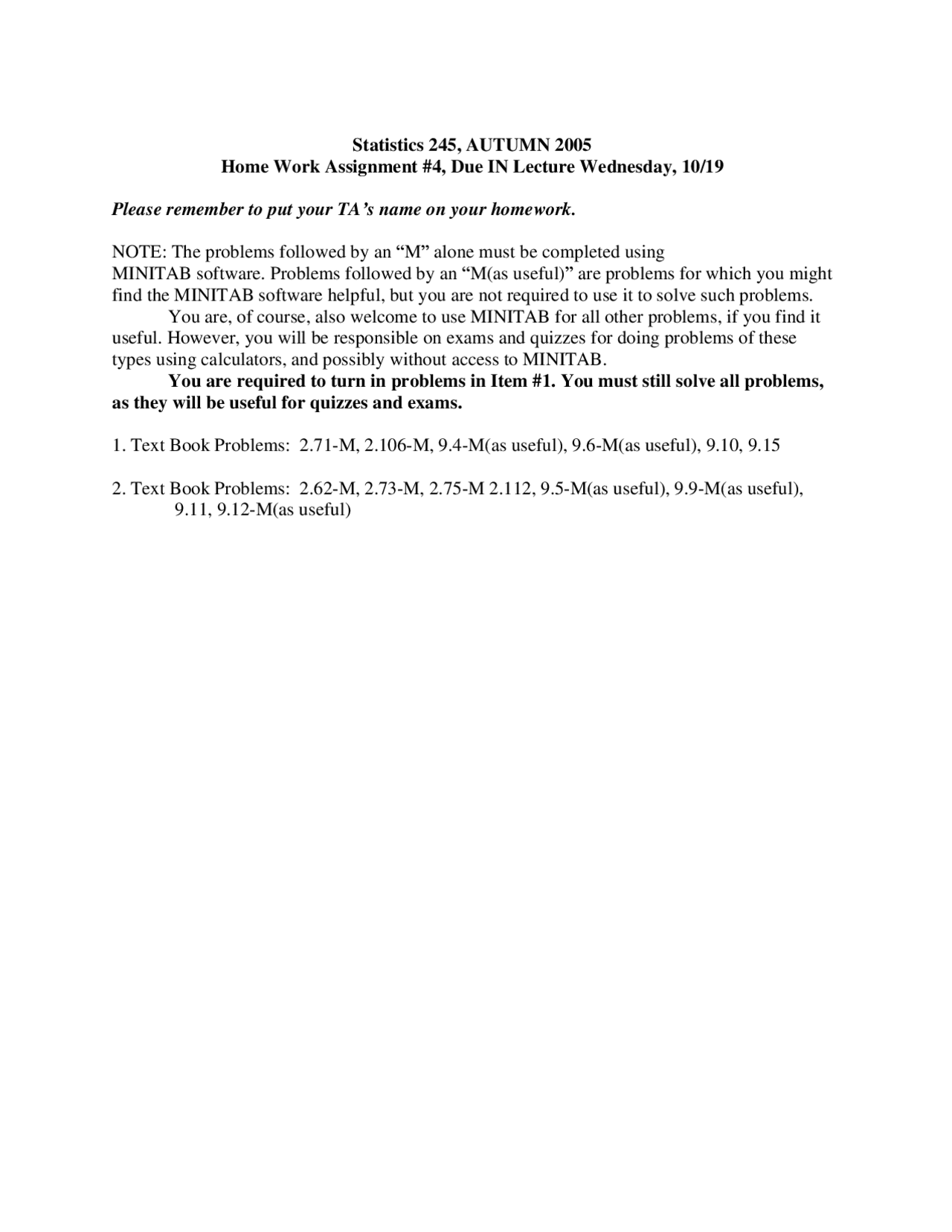 Introduction To Statistical Analysis Homework Assignment 4 Stat 245