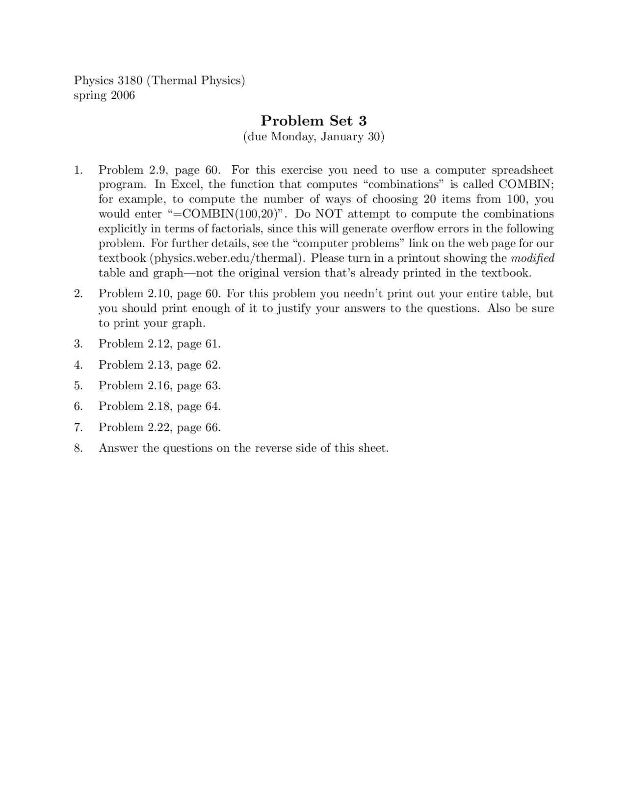 Problem Set 3 Thermal Physics Phys 3180 Docsity