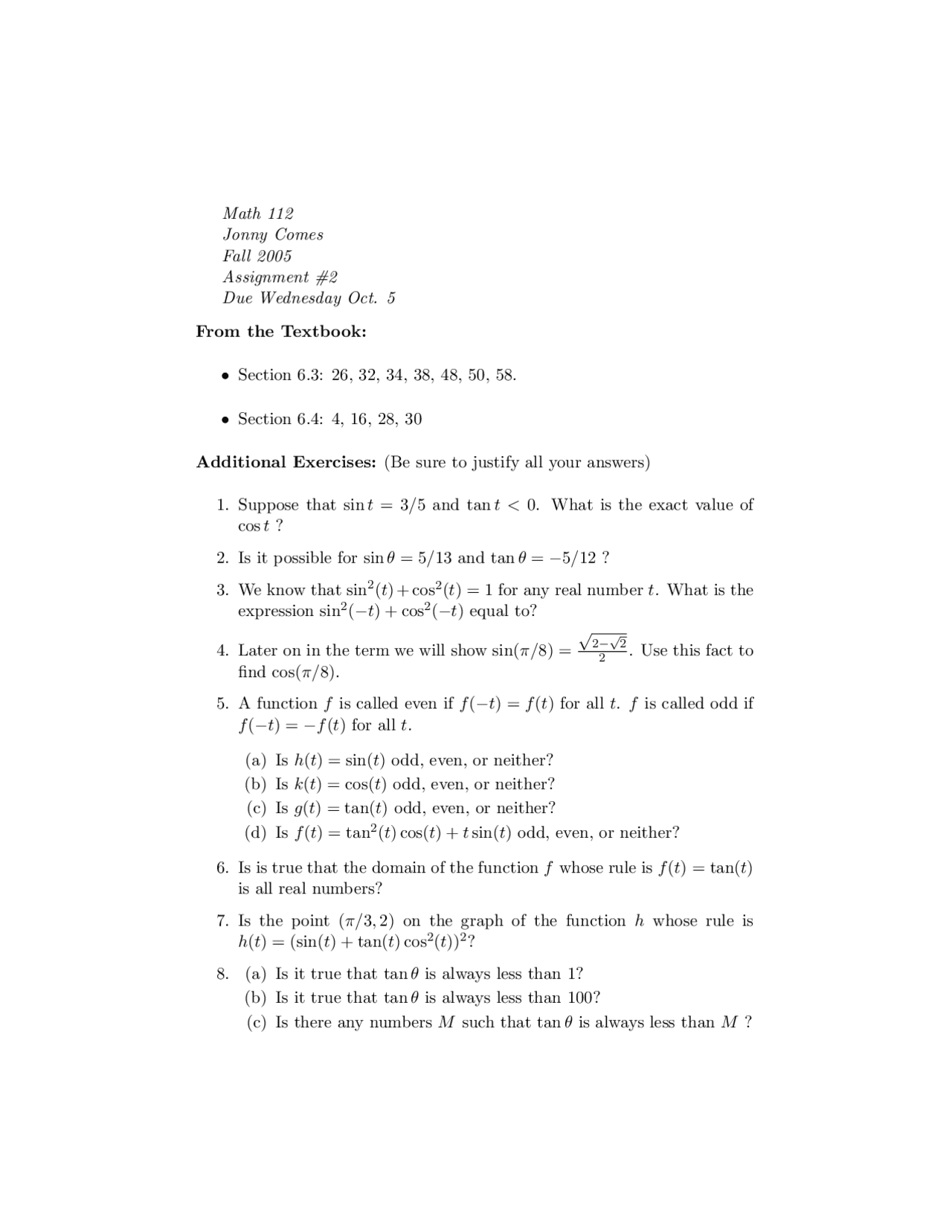 Elementary Functions 8 Questions For Assignment 2 Math 112 Docsity