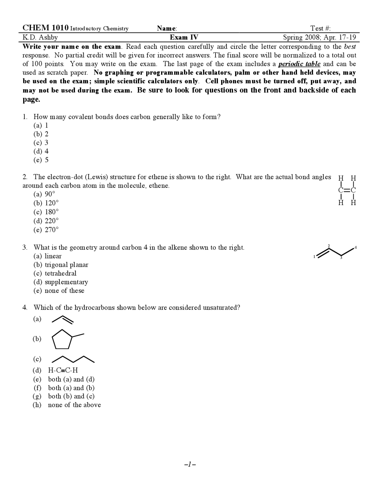 28 Questions In Final Exam Ps Introductory Chemistry Chem 1010