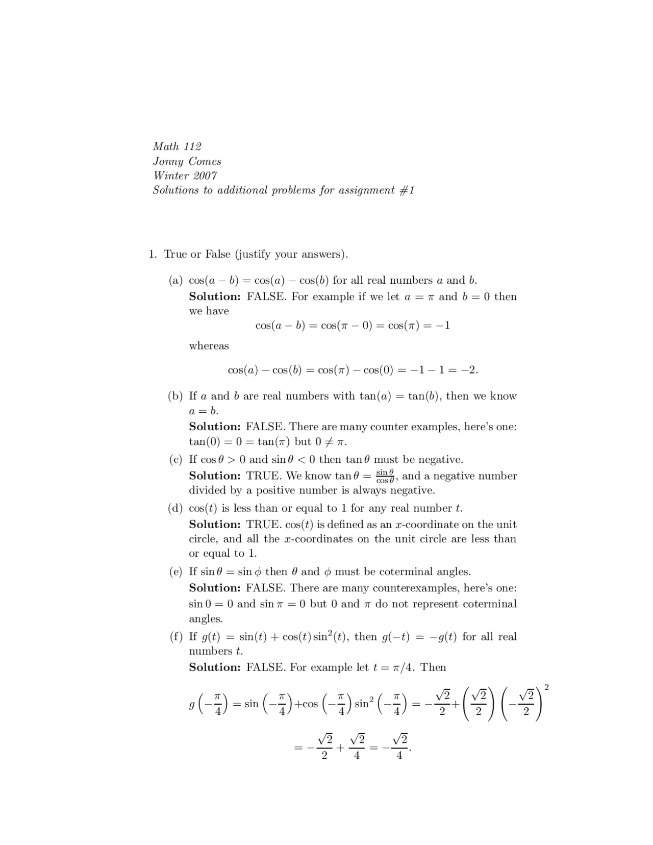 5 Solved Questions for Assignment 1 - Elementary Functions | MATH 112 - Docsity