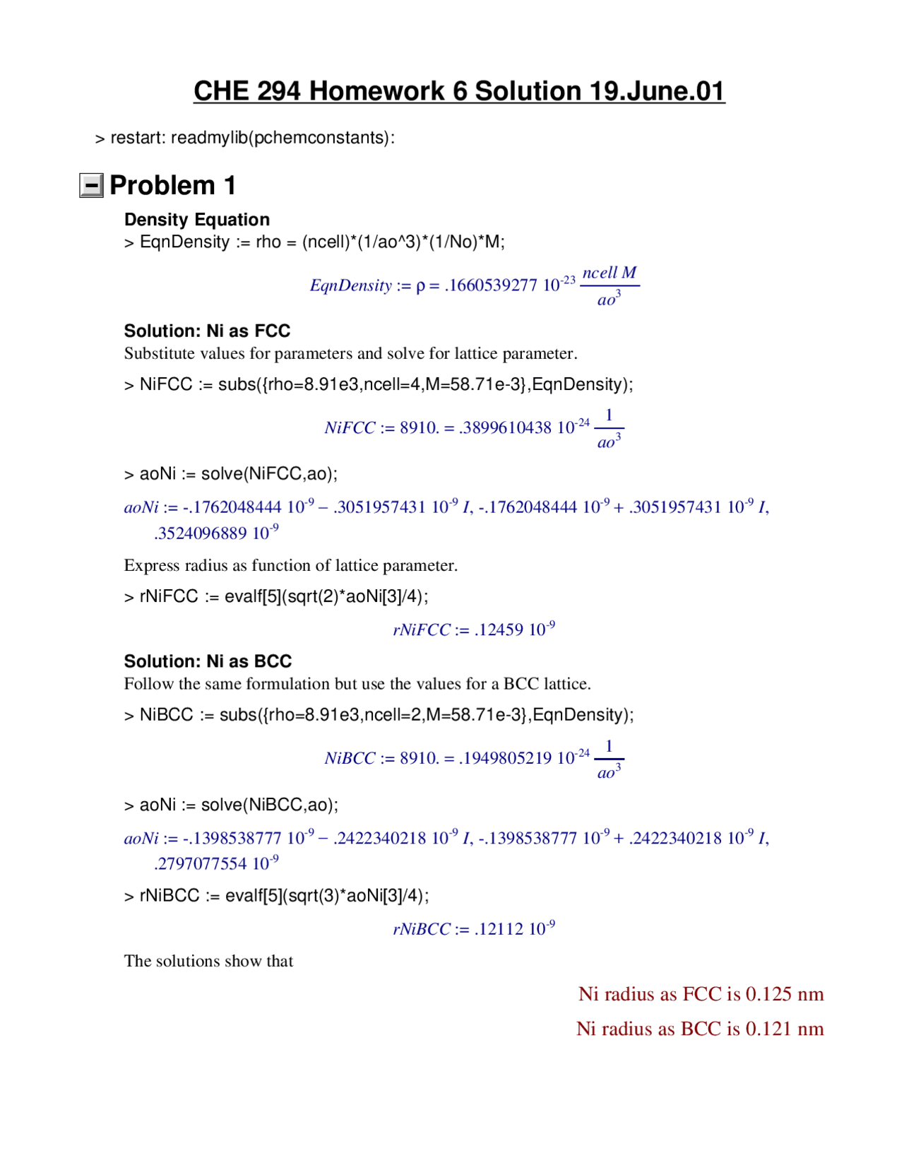 Nature And Properties Of Materials Solution Key For Homework 6 Che