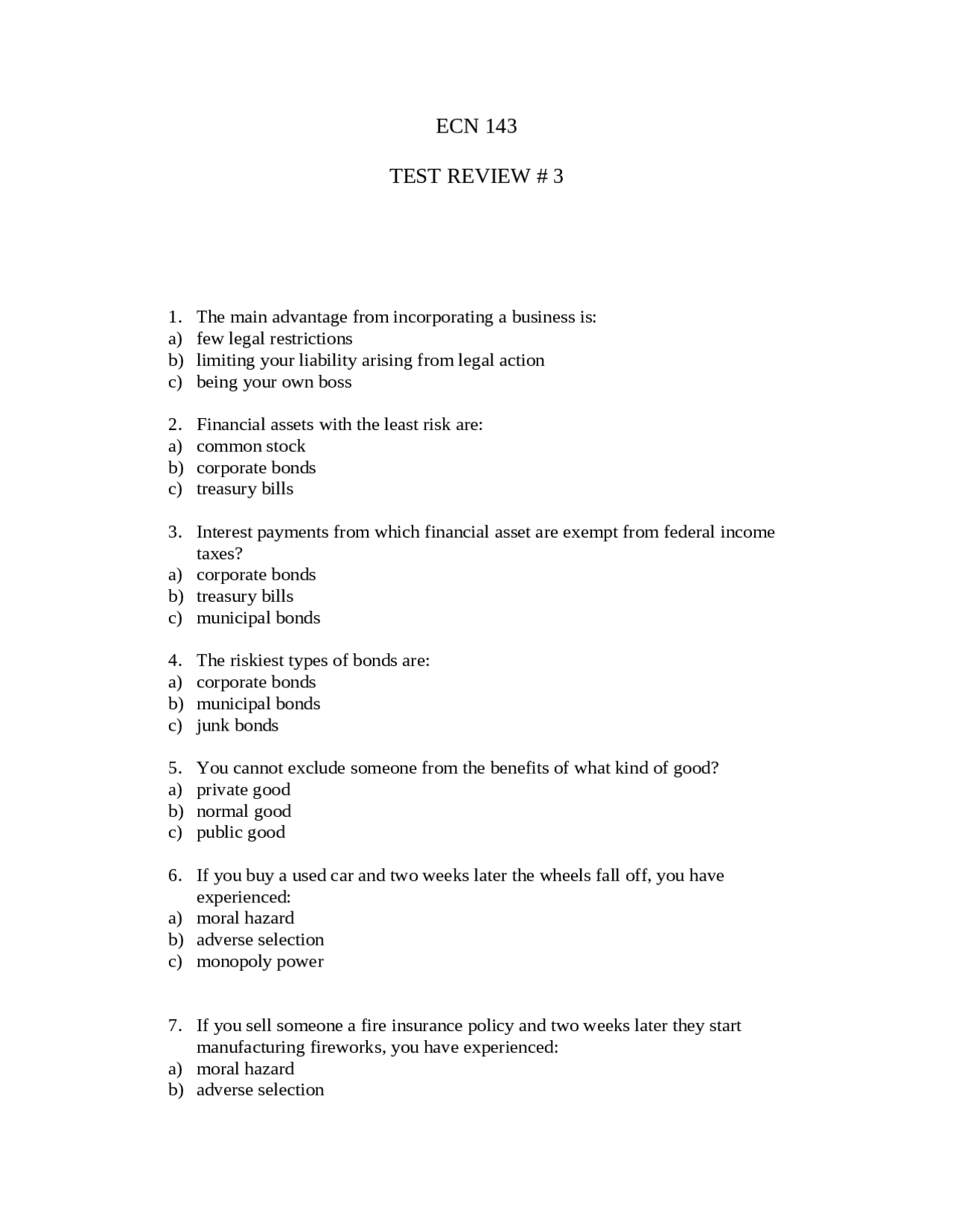 Exam 3 Review Questions Principles Of Microeconomics Ecn 143 Docsity