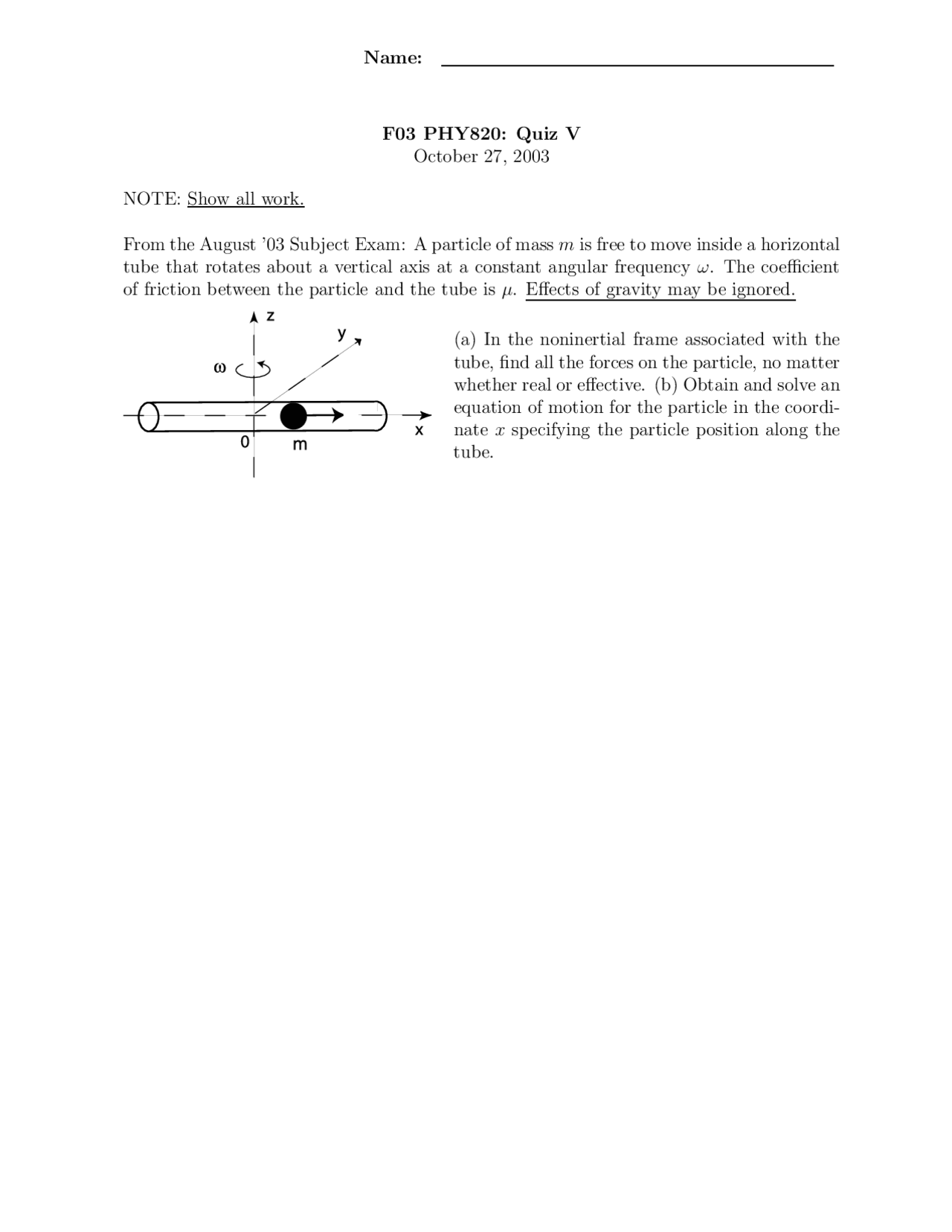 Quiz 5 on Classical Mechanics | PHY 820 - Docsity