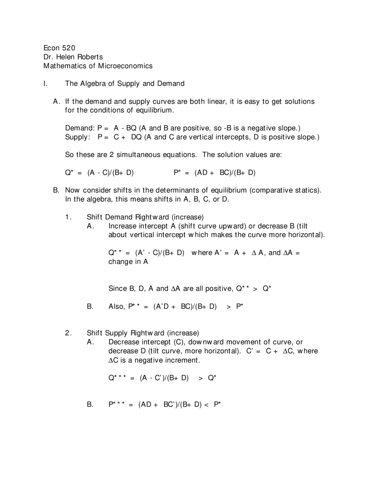 Mathematics of Microeconomics: The Algebra Supply and Demand | Notes ...