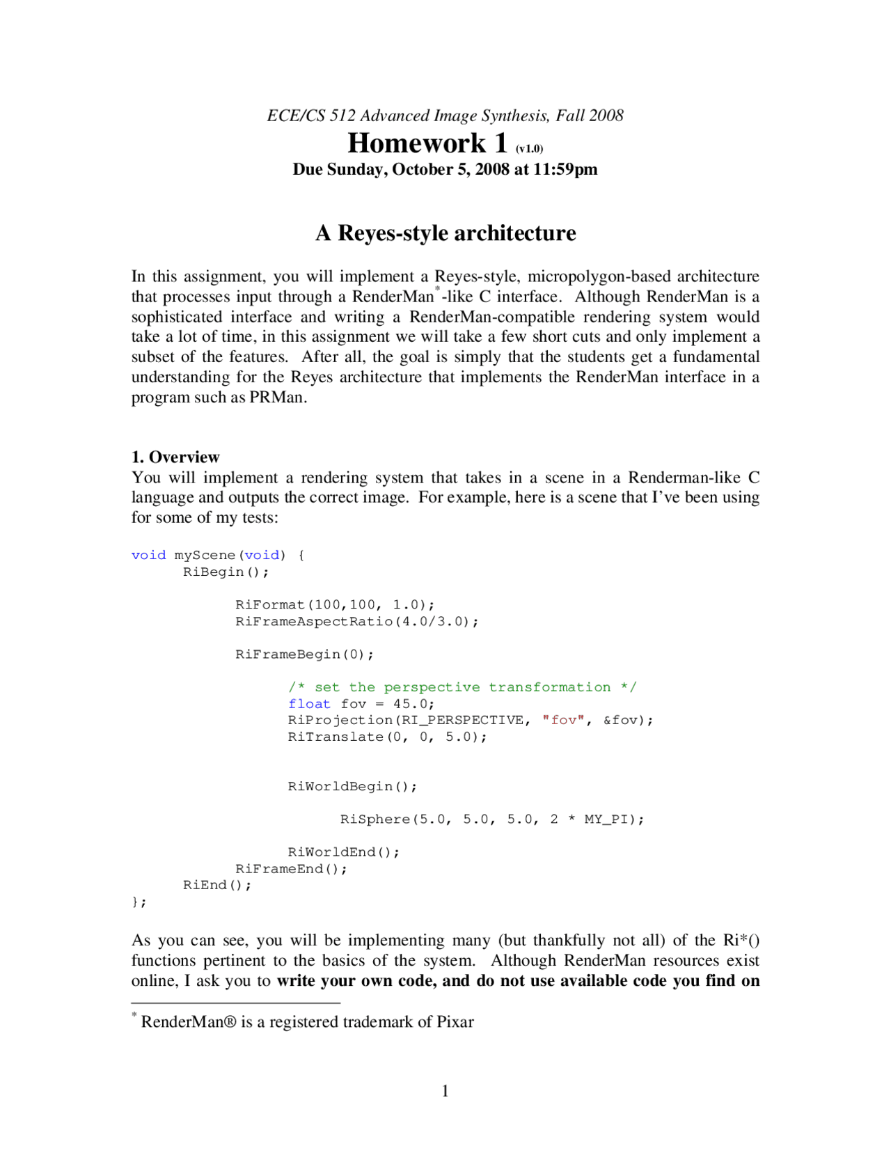 A Reyes-Style Architecture - Assignment 1 | CS 512 - Docsity