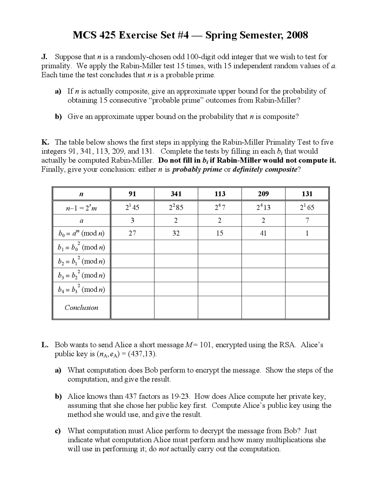 Exercise Set 4 Questions - Codes and Cryptography | MCS 425 - Docsity