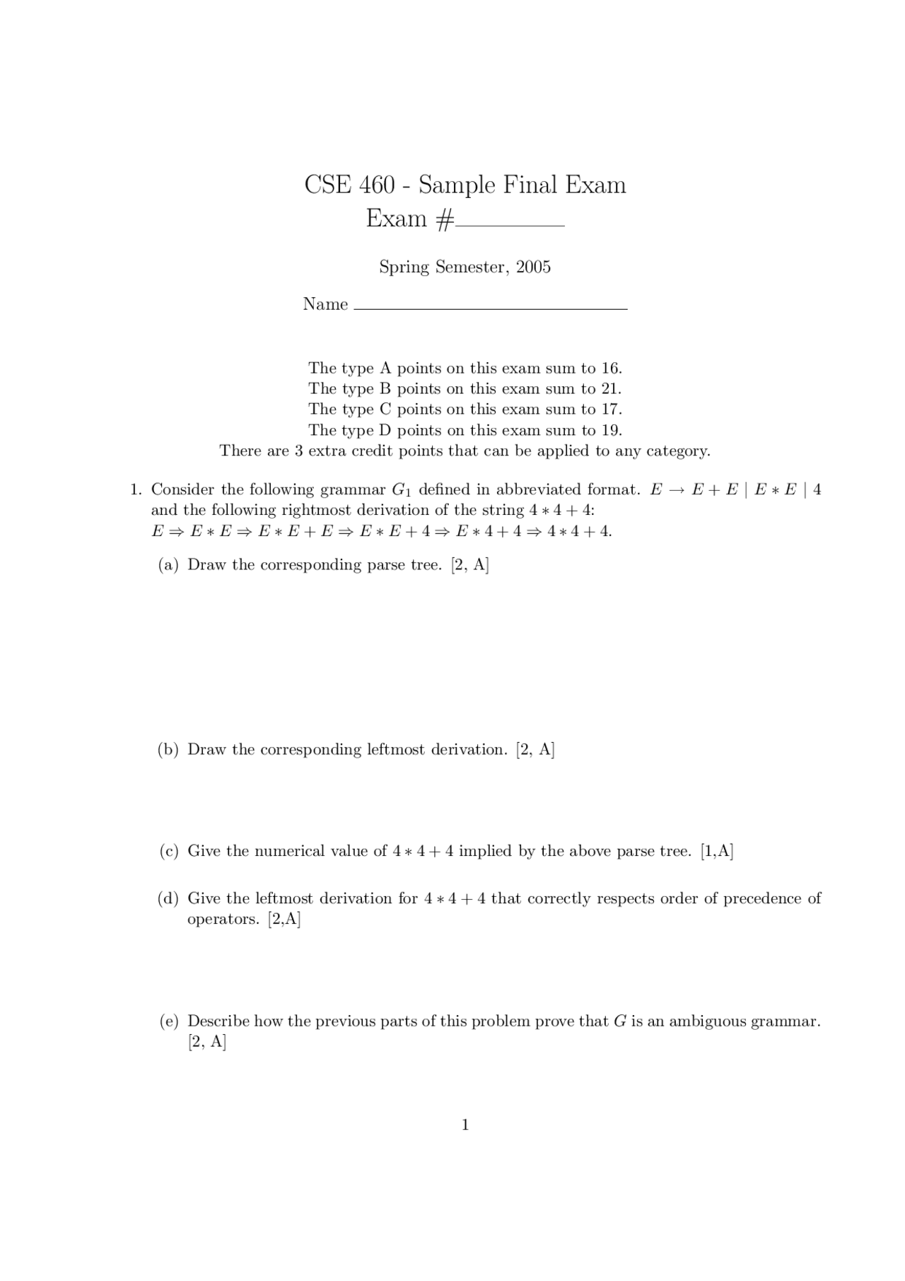 Sample Final Exam Questions Computability And Languages Cse 460