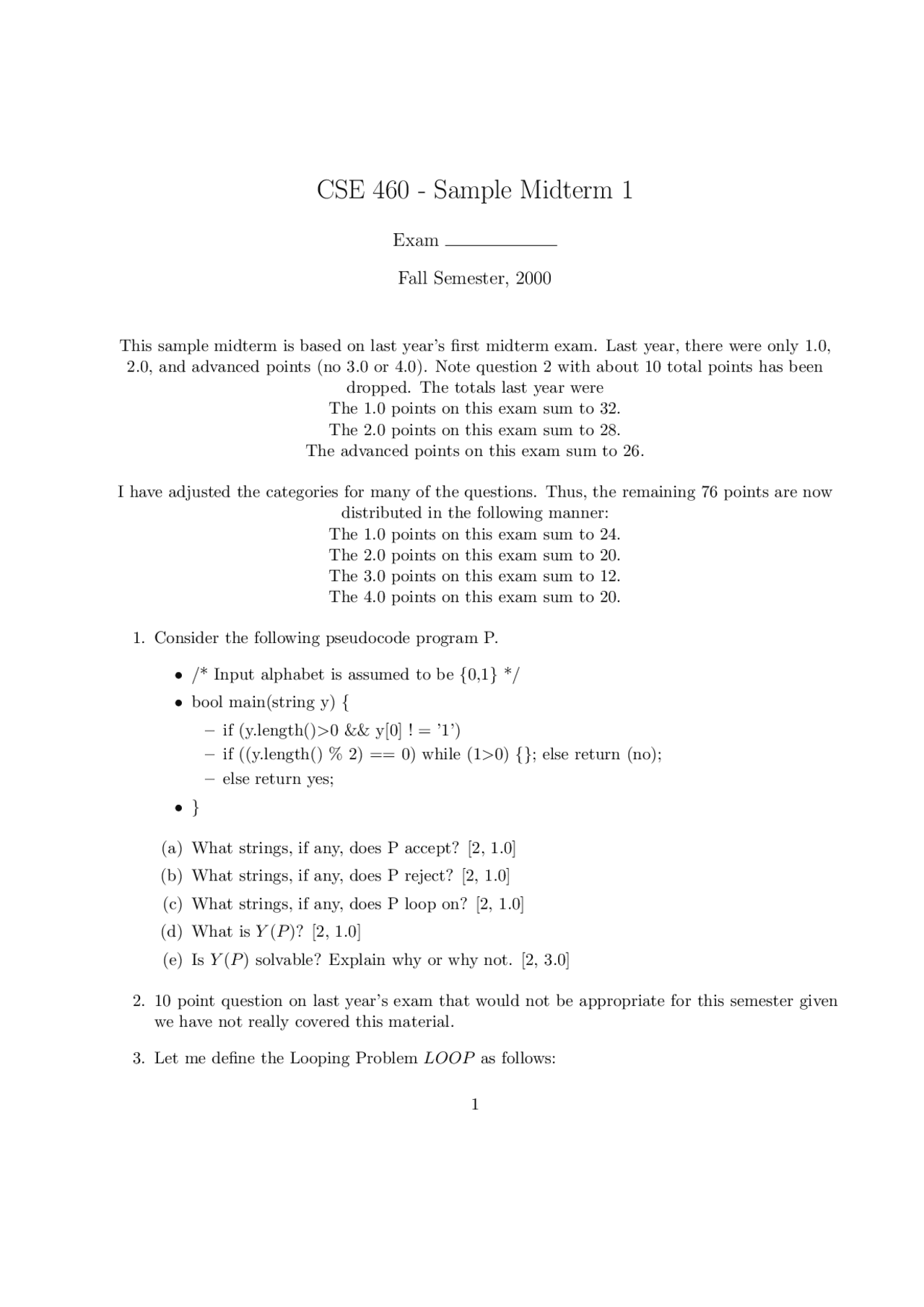 Sample Midterm Exam 1 Computability And Languages Fall 2000 Cse 460 Docsity