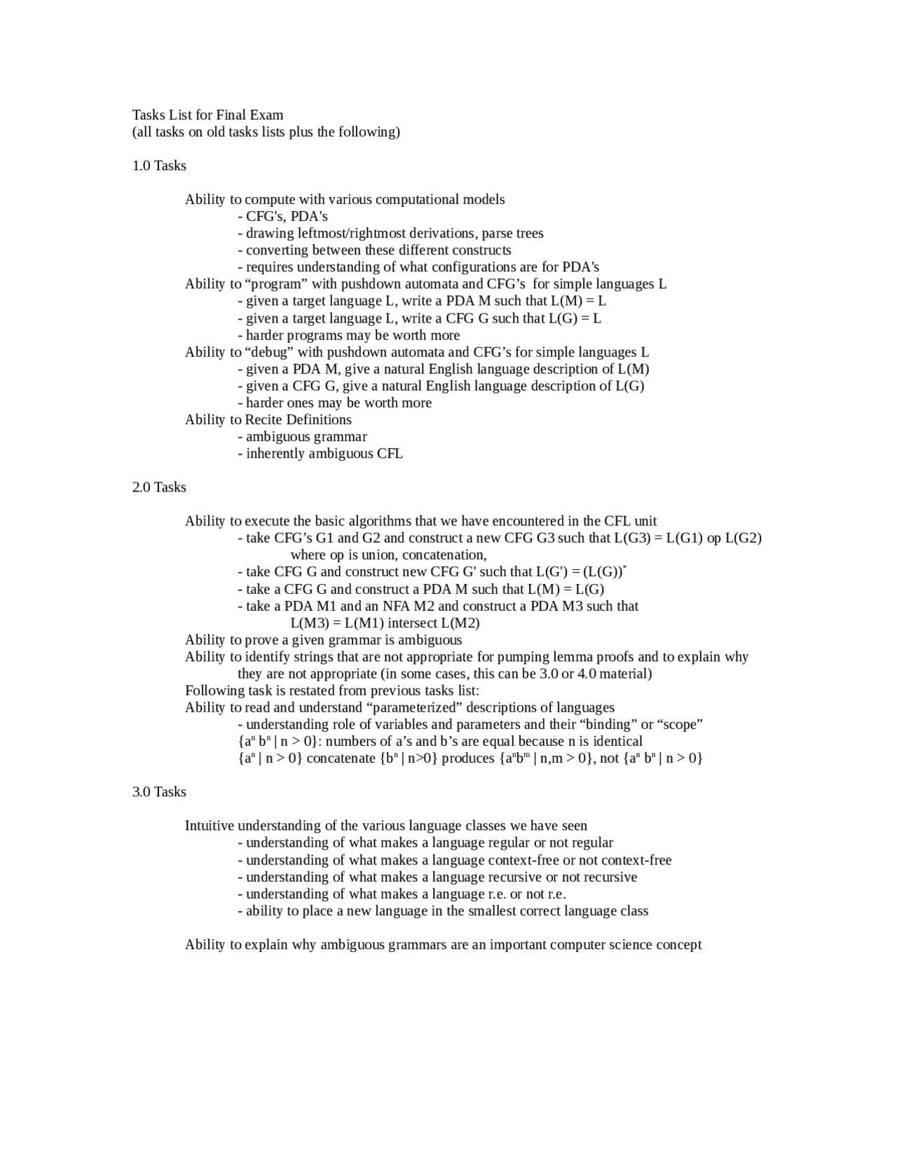 Tasks List For Final Exam Computability And Languages Cse 460 Docsity