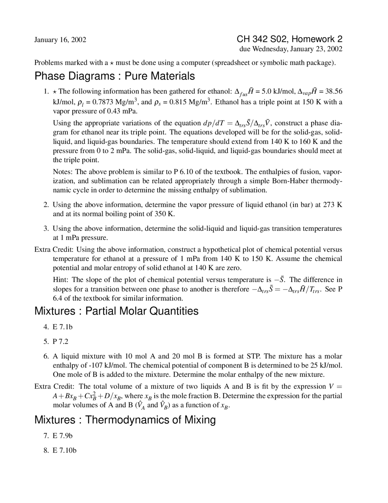 Homework 2 Physical Chemistry Ii Fall 2002 Ch 342 Docsity