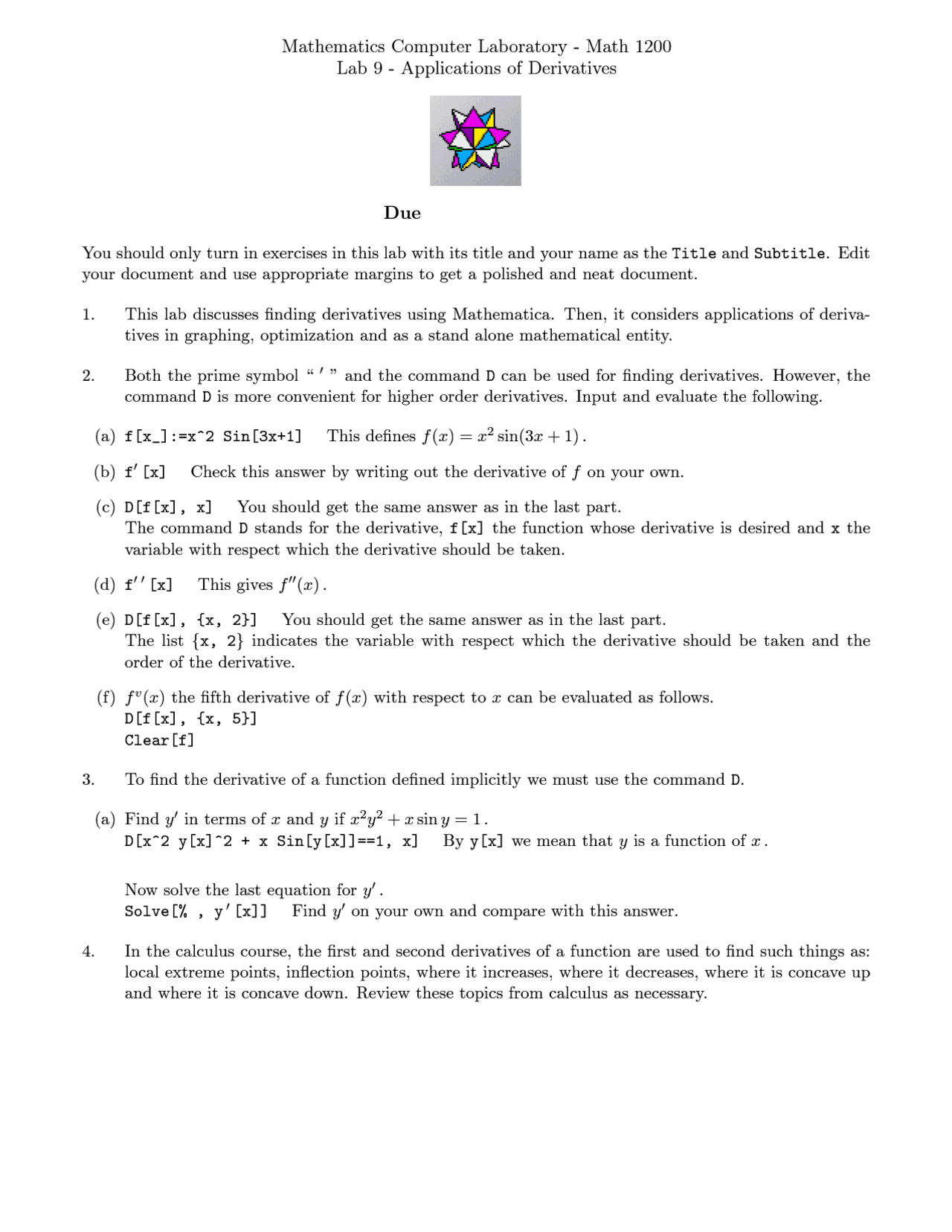Applications of Derivatives - Mathematics Computer - Lab 9 | MATH 1200 ...