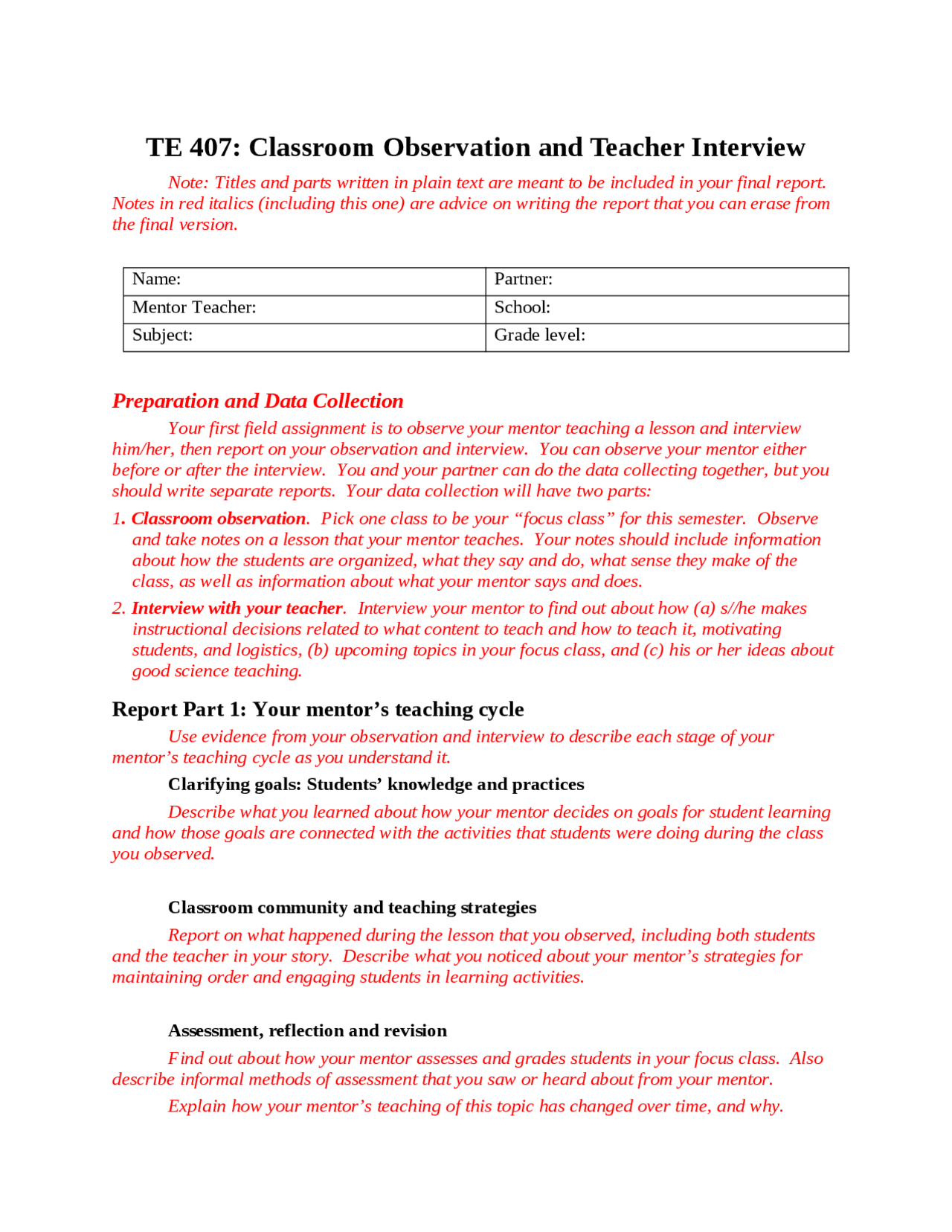 Classroom Observation and Teacher Interview - Final Report | TE 407 ...