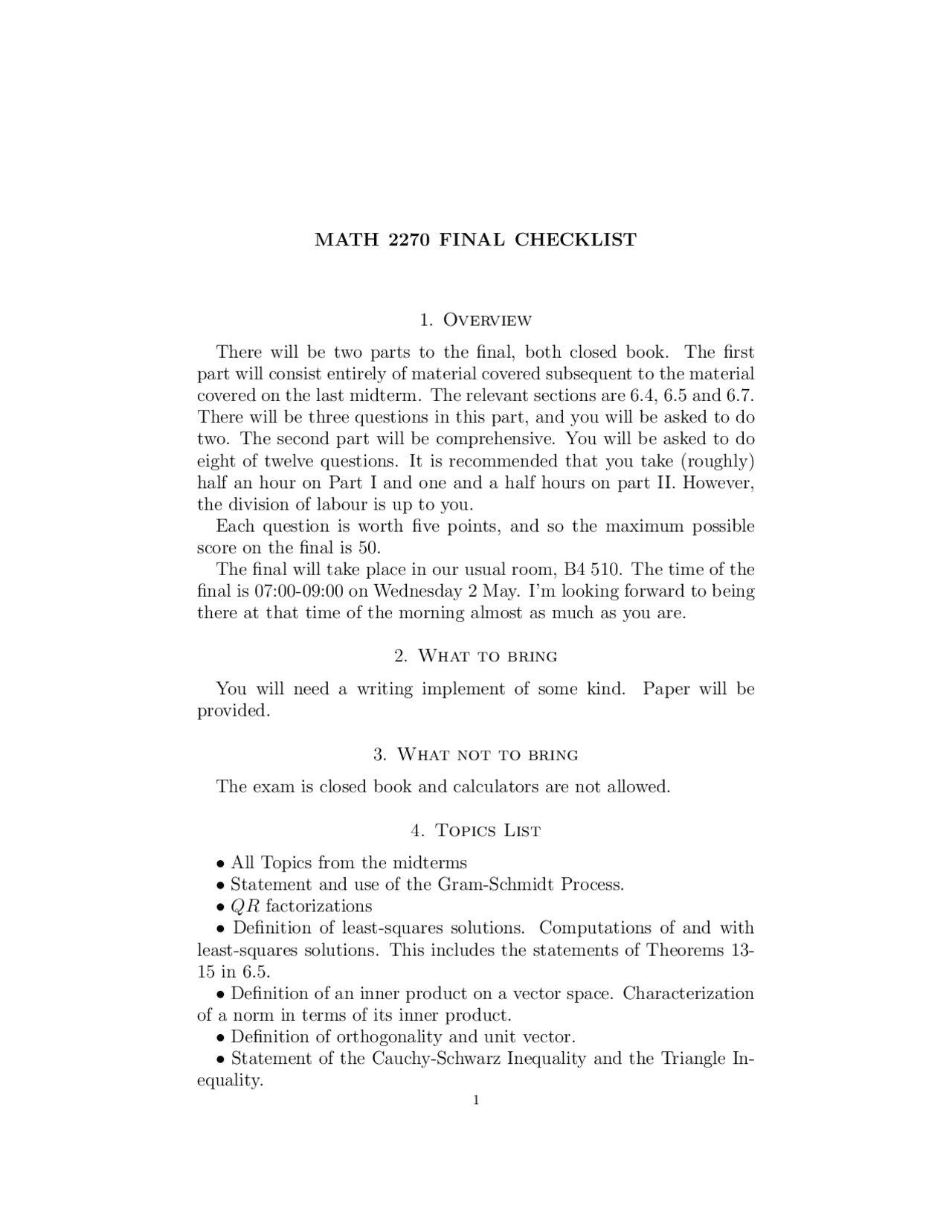 Final Exam Checklist Elementary Linear Algebra Math 2270 Docsity