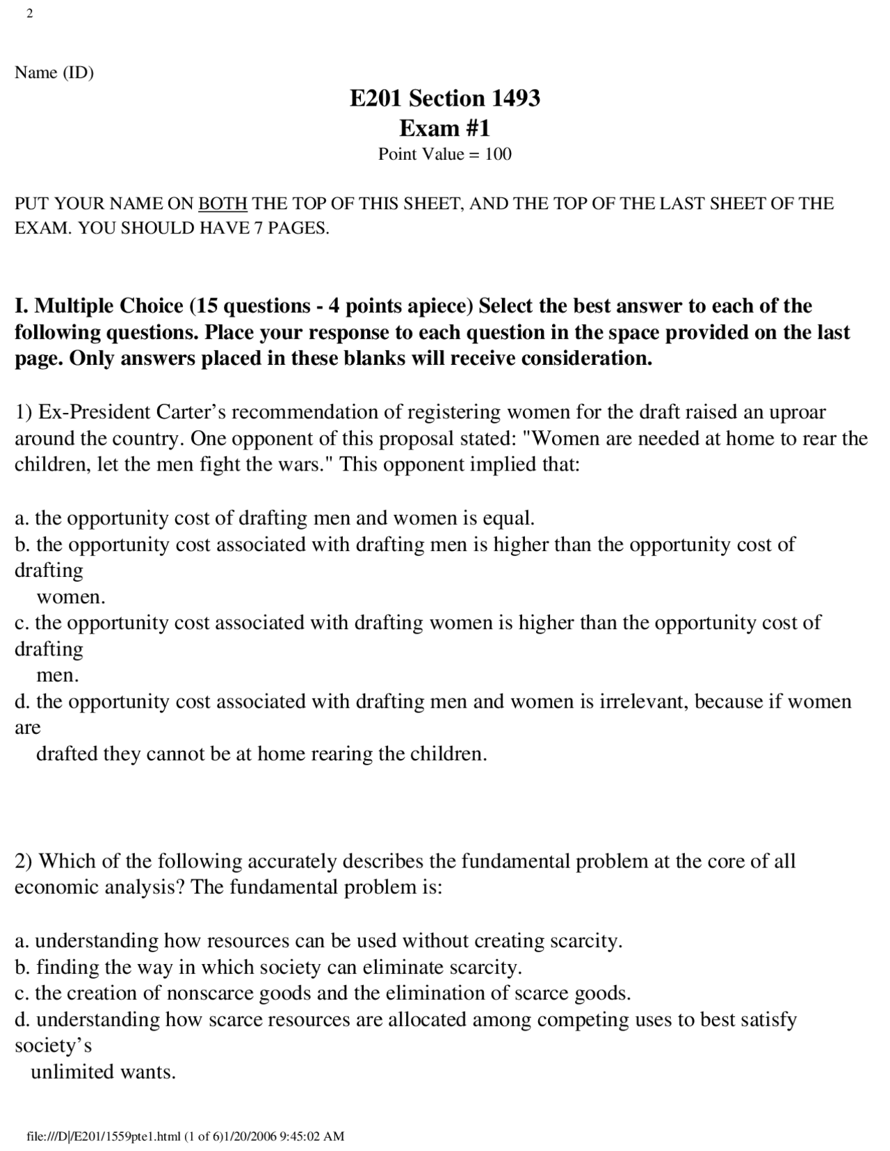 Principles Of Microeconomics Exam 1 To Solve Econ 2010 Docsity