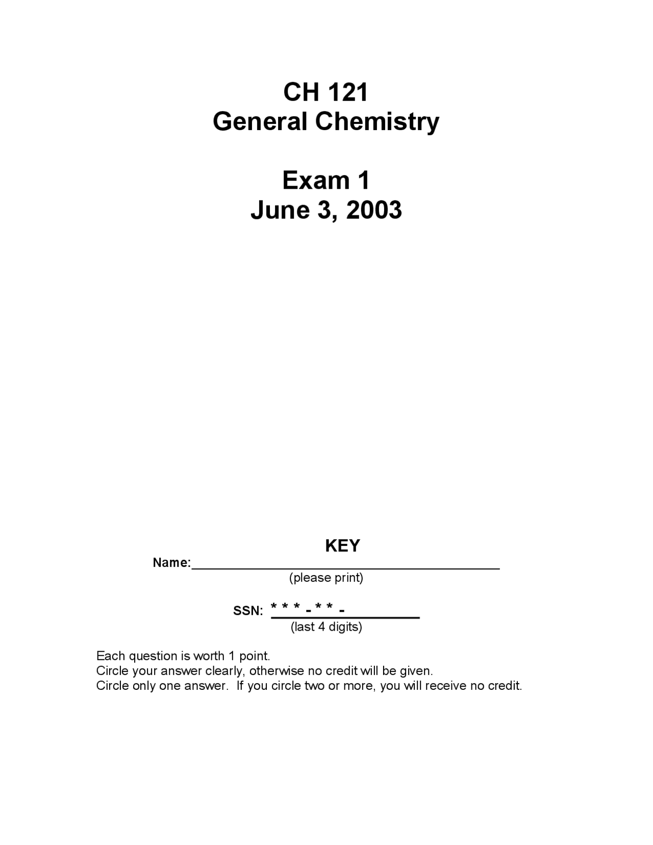 Exam Paper With Answers General Chemistry I Ch 121 Docsity