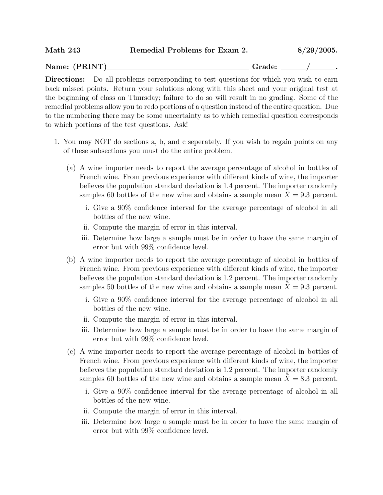 Remedial Problems for Exam 2 - Methods of Probability and Statistics | MATH 243 | Exams ...