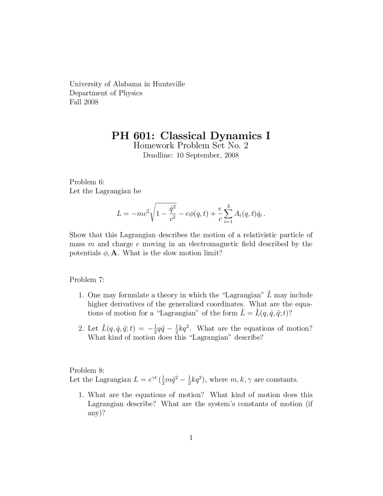 Classical Dynamics I Problem Set 2 Ph 601 Docsity