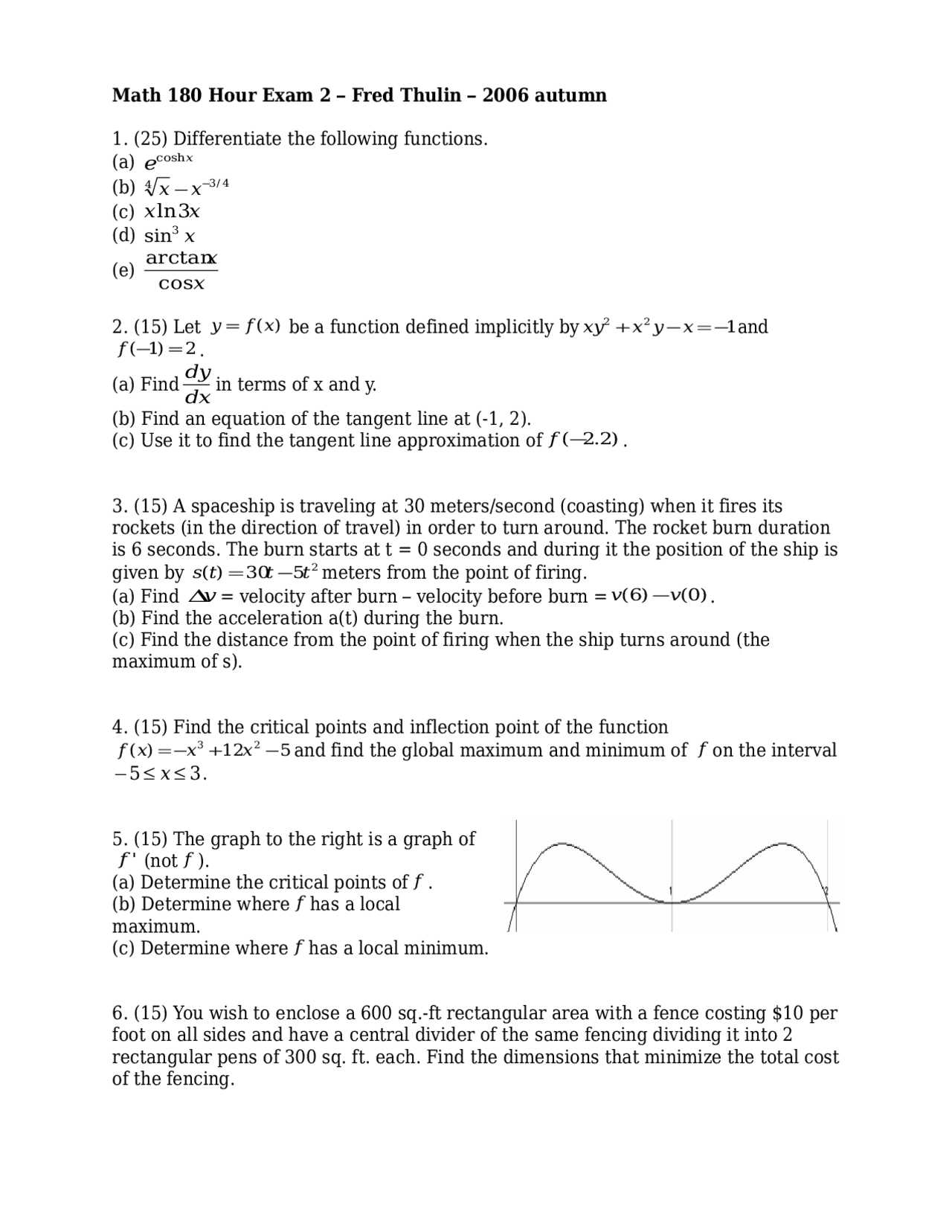 7 Questions Of Calculus I Exam 2 Math 180 Docsity