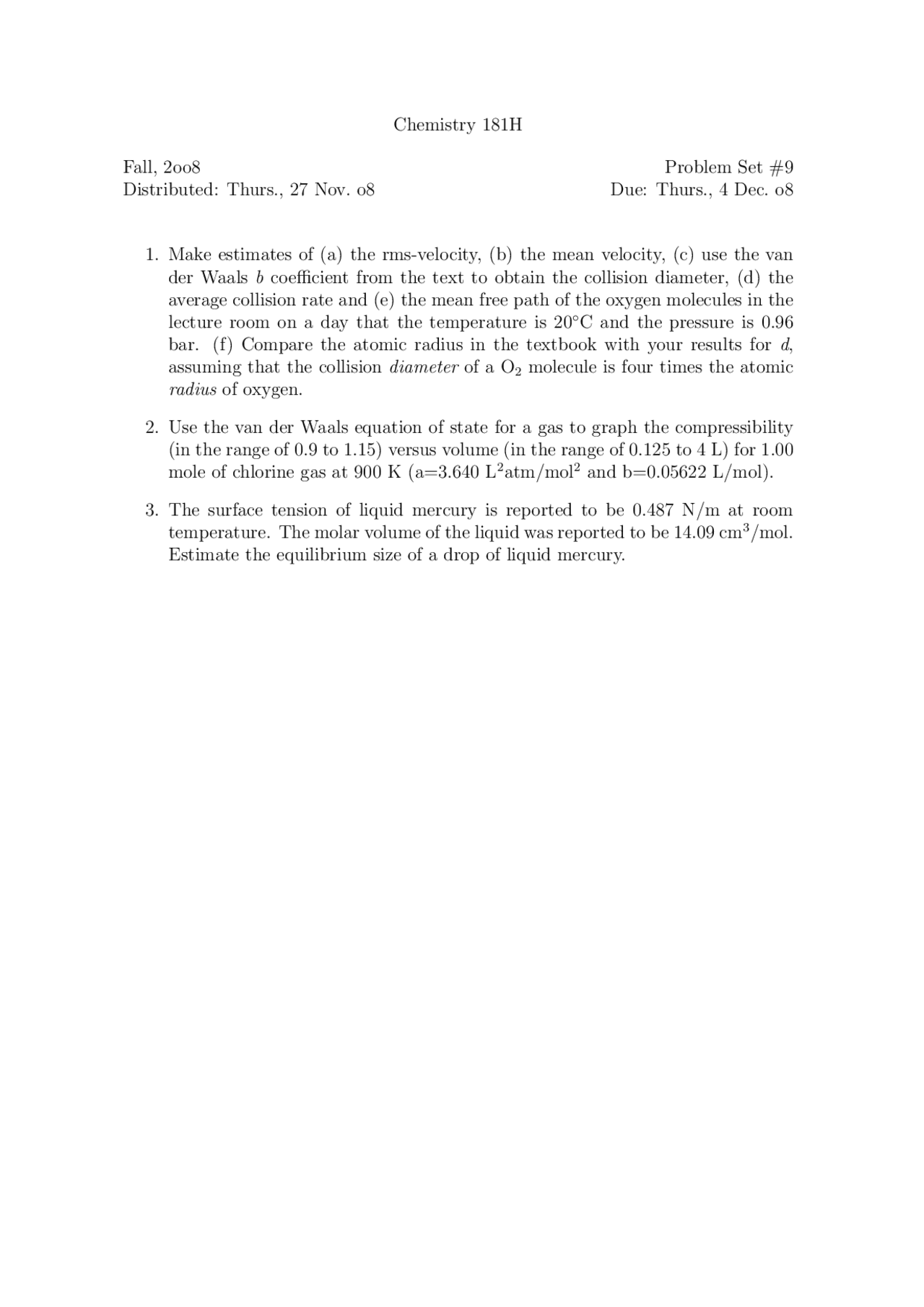 Problem Set 9 With 3 Practice Problems On Honors Chemistry I Cem 181h