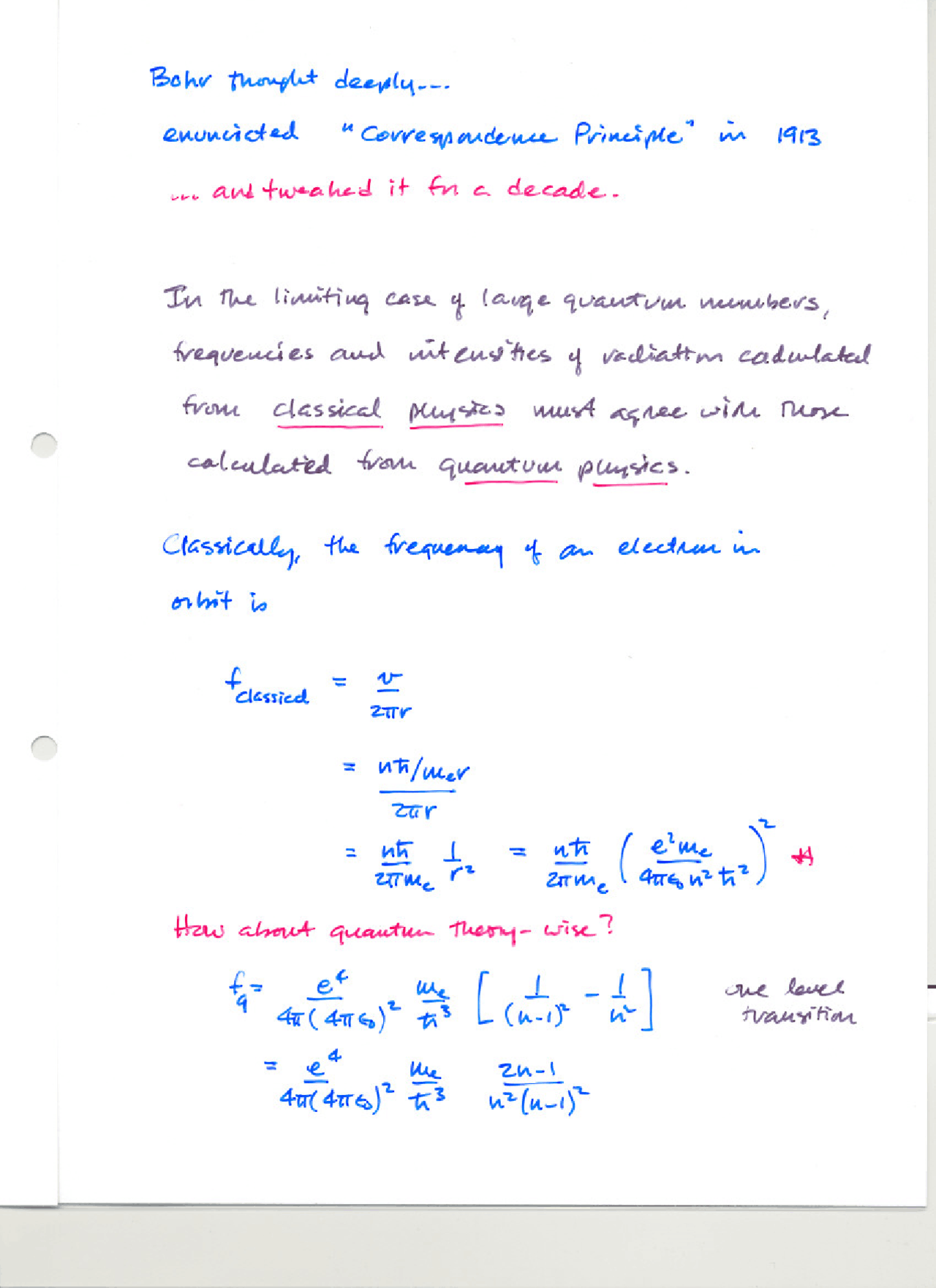Handwritten Notes on Correspondence Principle | PHY 215 - Docsity
